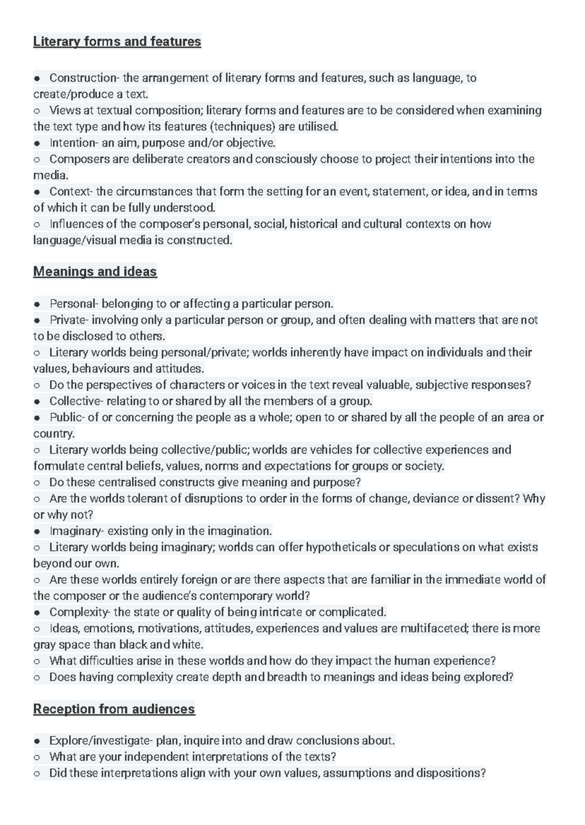 Literary Worlds - Notes - Literary forms and features Construction- the ...