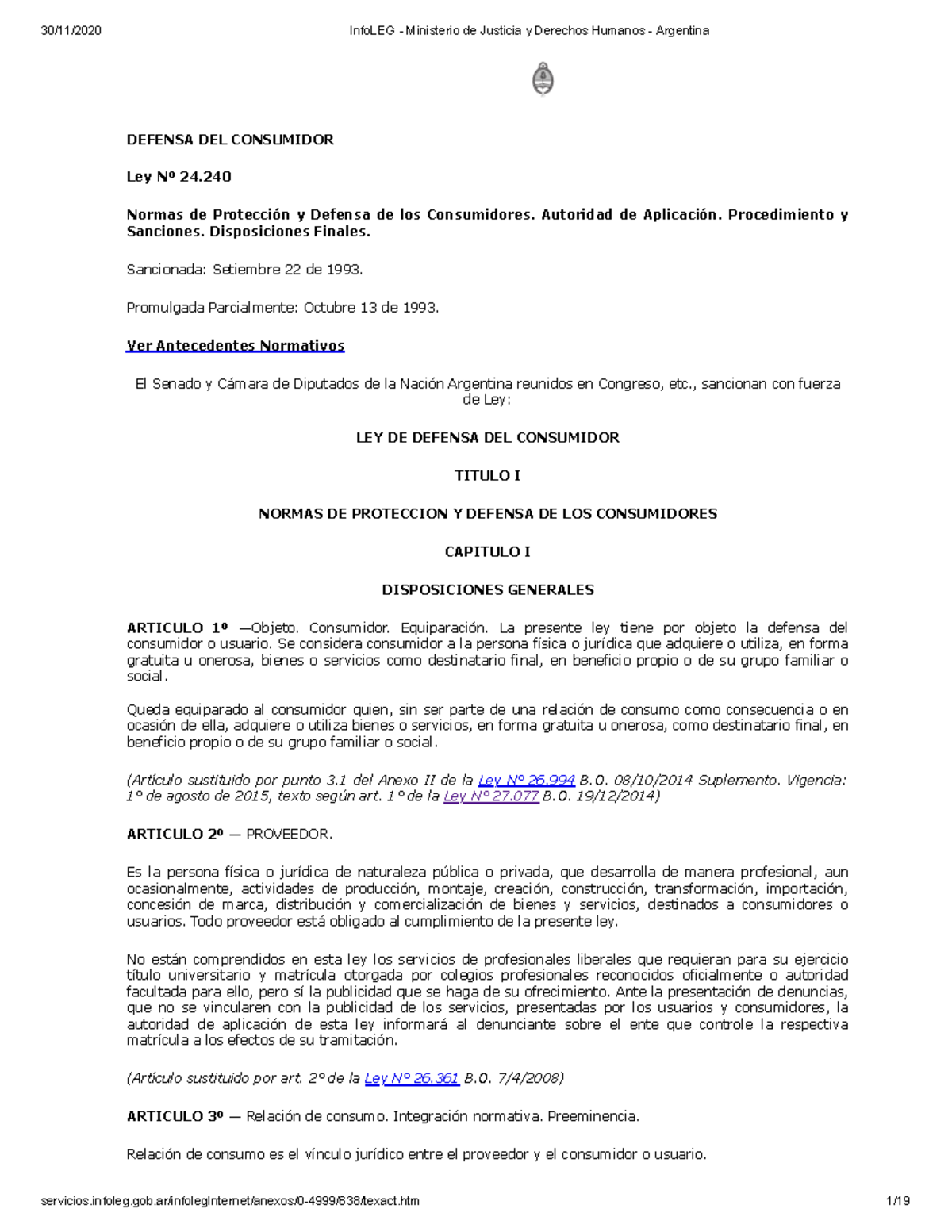 P28y P29 (Ley 24.240) Ley de Defensa del Consumidor (arts. 1-4, 7-8, 8 ...