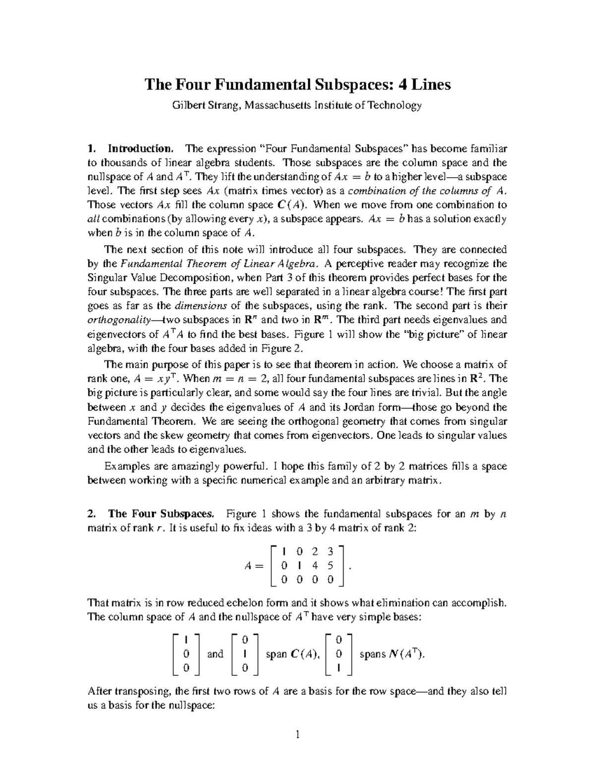 The Four Fundamental Subspaces - 4 Lines (Gilbert Strang) - The Four Fundamental Subspaces: 4 ...