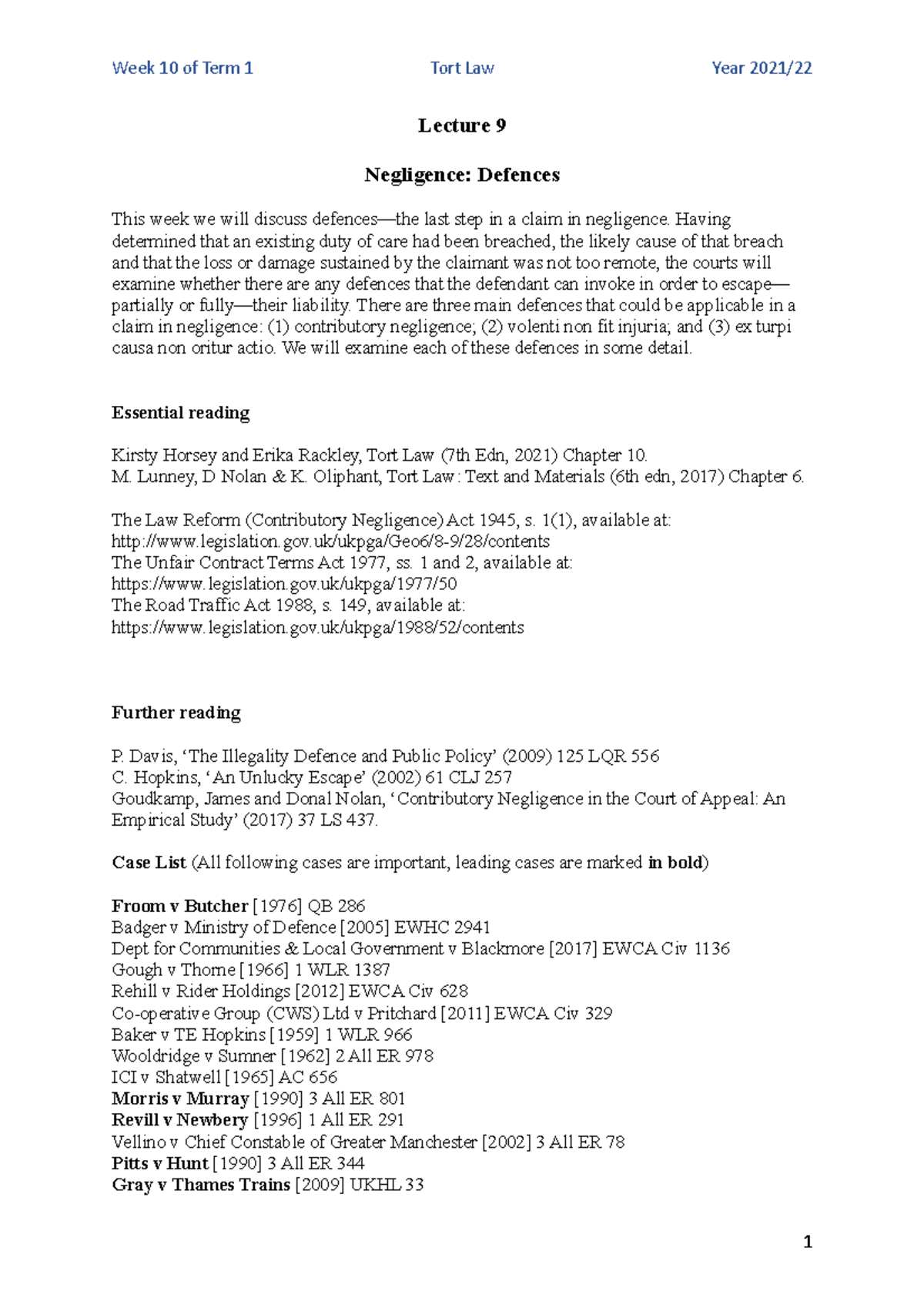 Reading list - Defences - Week 10 of Term 1 Tort Law Year 2021/ Lecture ...