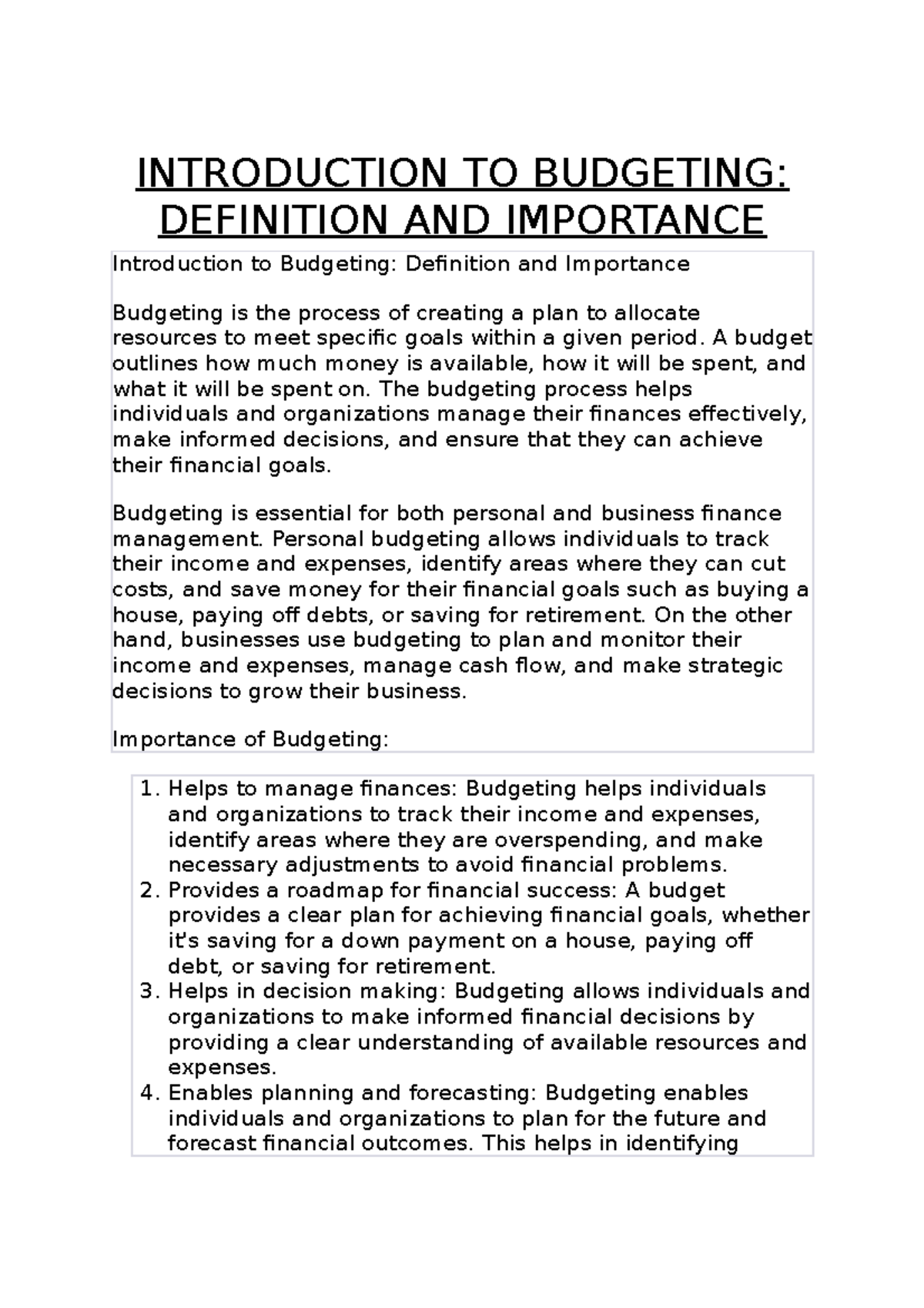 Introduction TO Budgeting - INTRODUCTION TO BUDGETING: DEFINITION AND IMPORTANCE Introduction to ...
