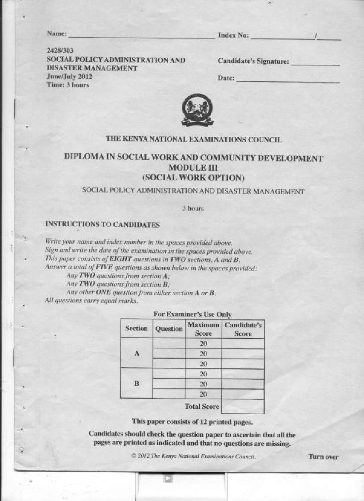 2012 july - KNEC PAPERS - social work - Studocu