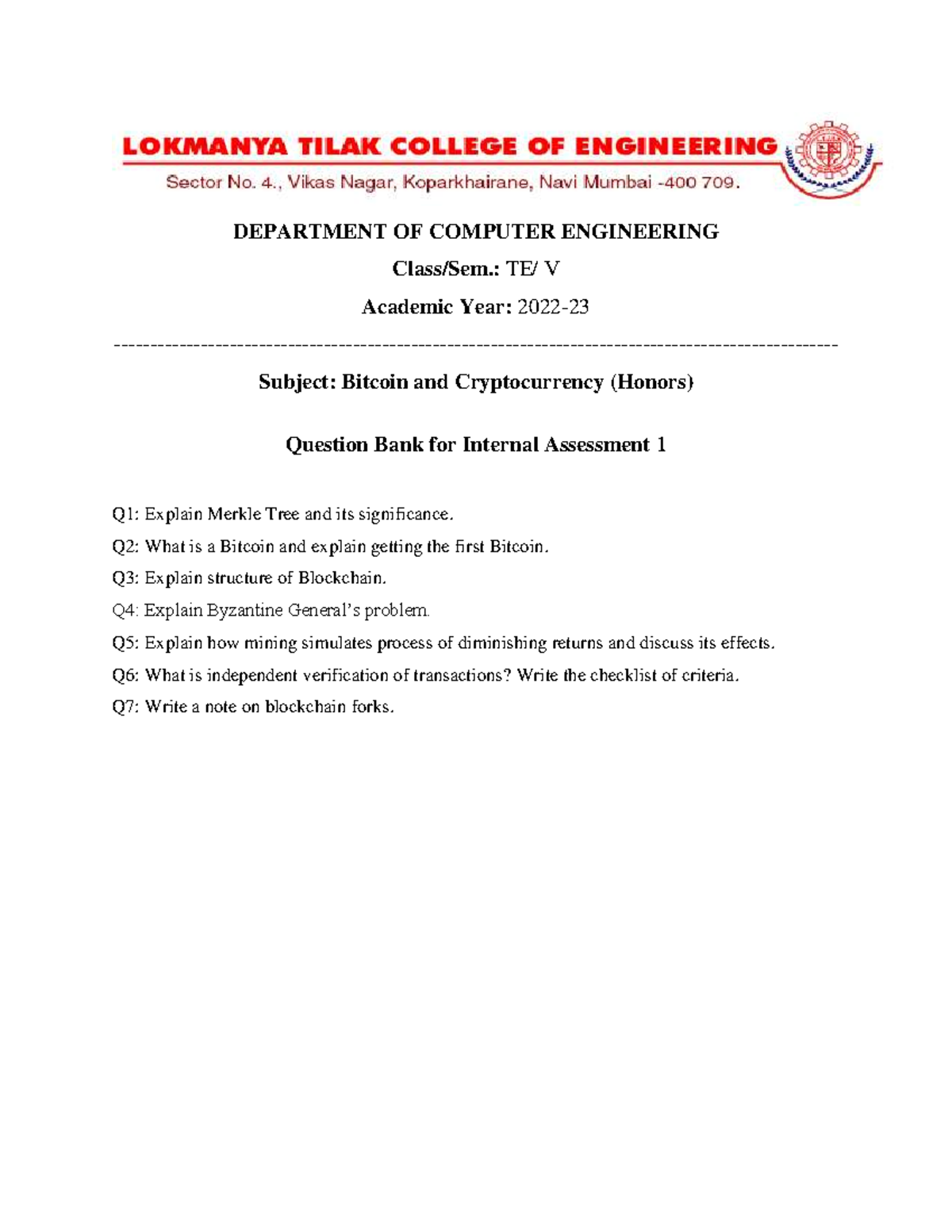 Blockchain ut1-ans - DEPARTMENT OF COMPUTER ENGINEERING Class/Sem.: TE/ V Academic Year: 2022 ...