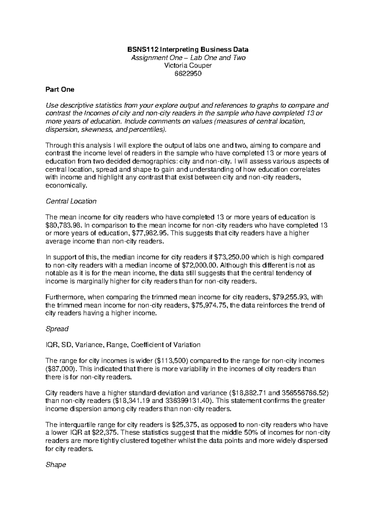 BSNS112 Assignment 1 - BSNS112 Interpreting Business Data Assignment One – Lab One and Two ...