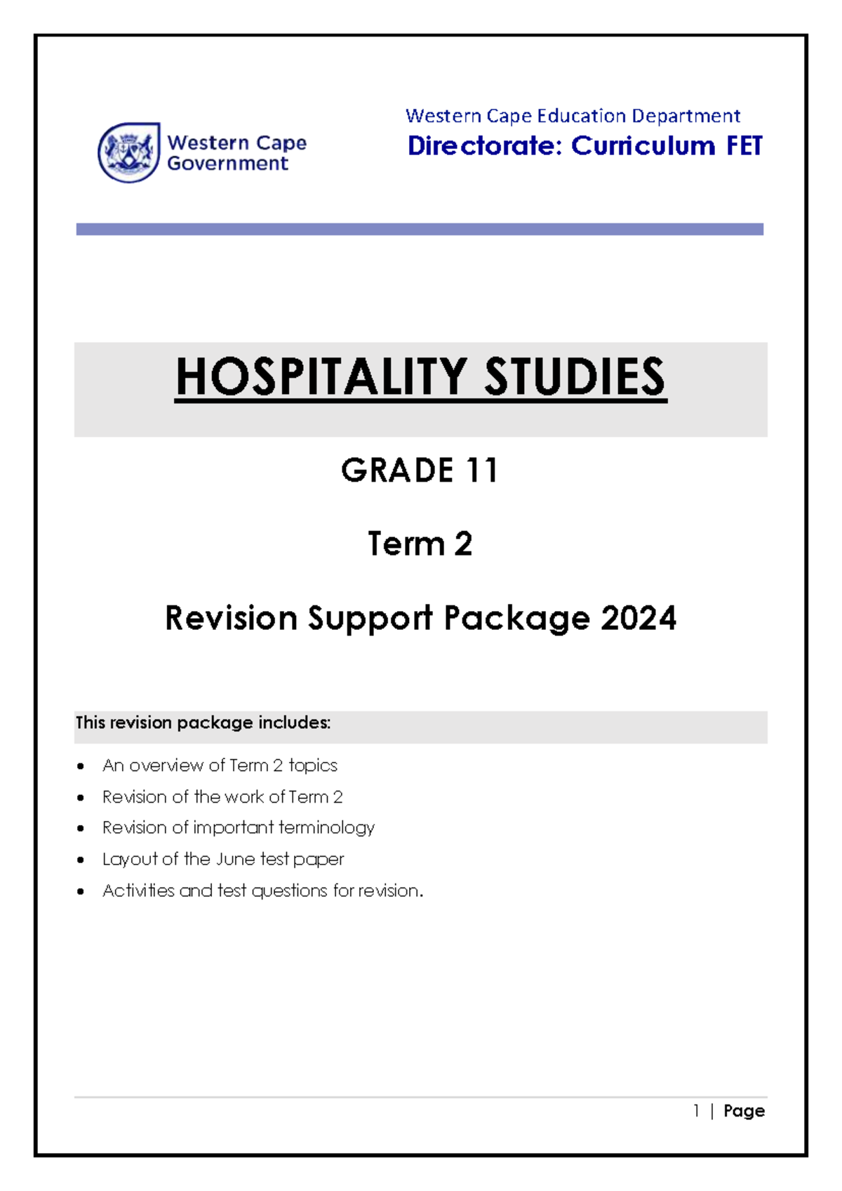 Hospitality Studies Grade 11 Revision Package TERM 2 2024 - HOSPITALITY ...