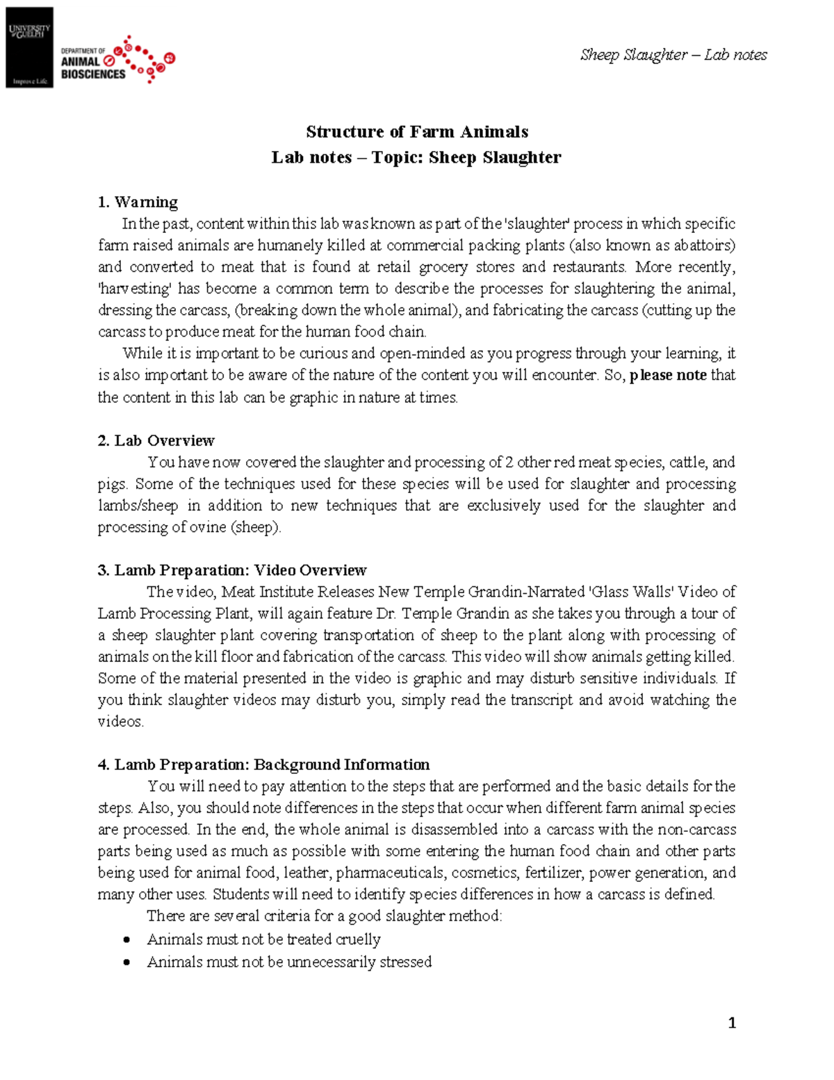 Sheep Slaughter Notes - Summary Structure of Farm Animals W - Structure ...