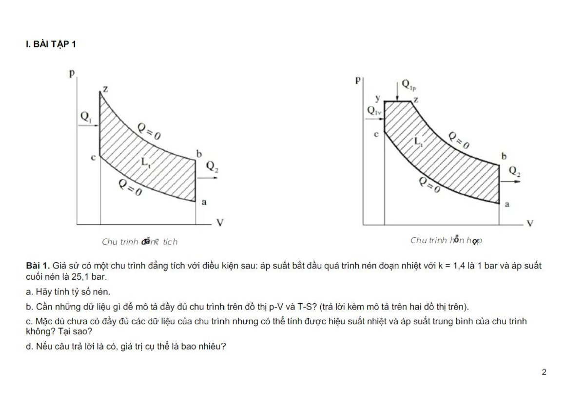 BT LT động cơ - siu - I. BÀI TAP 1 p p Z Q1p y Z Qtv Q1 1 e L b C b L Q2 Q2 a a V V Chu trinh ...