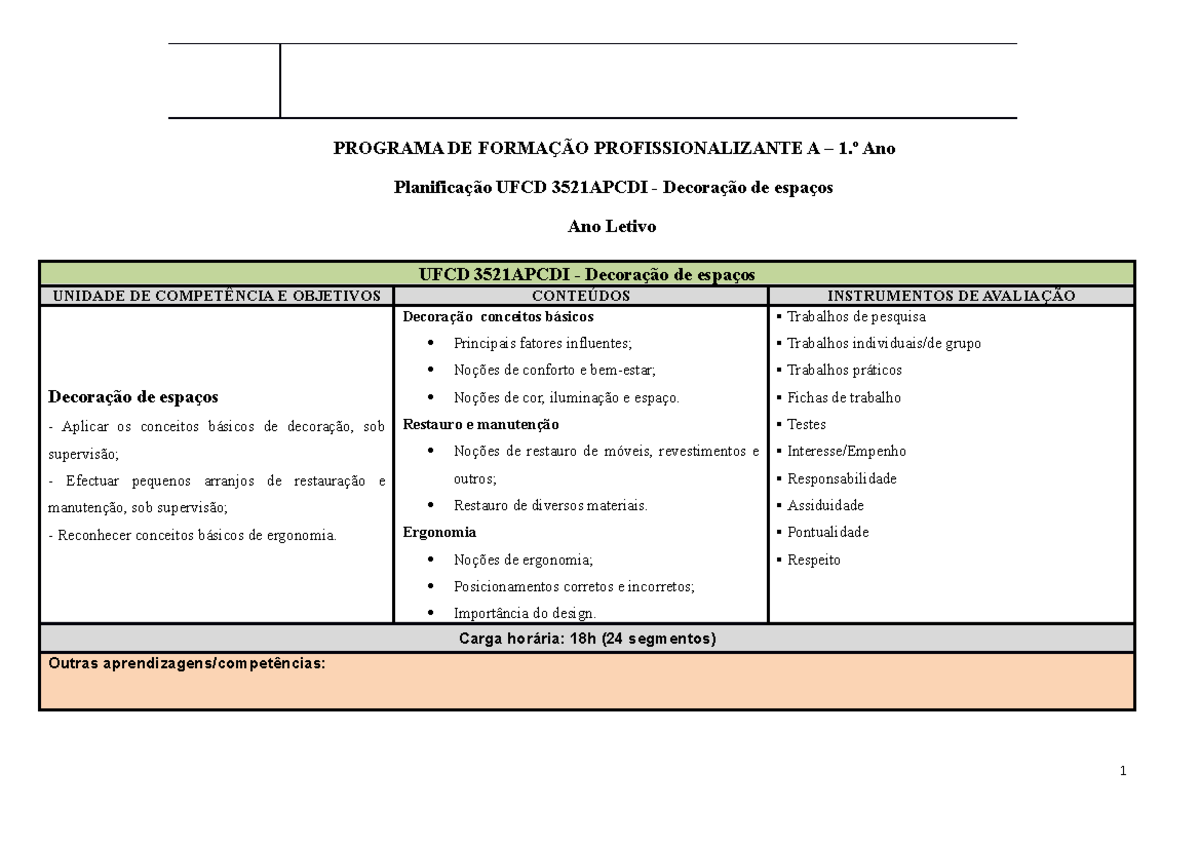 Planificação UFCD 3521 Apcdi - Decoração de espaços - PROGRAMA DE ...