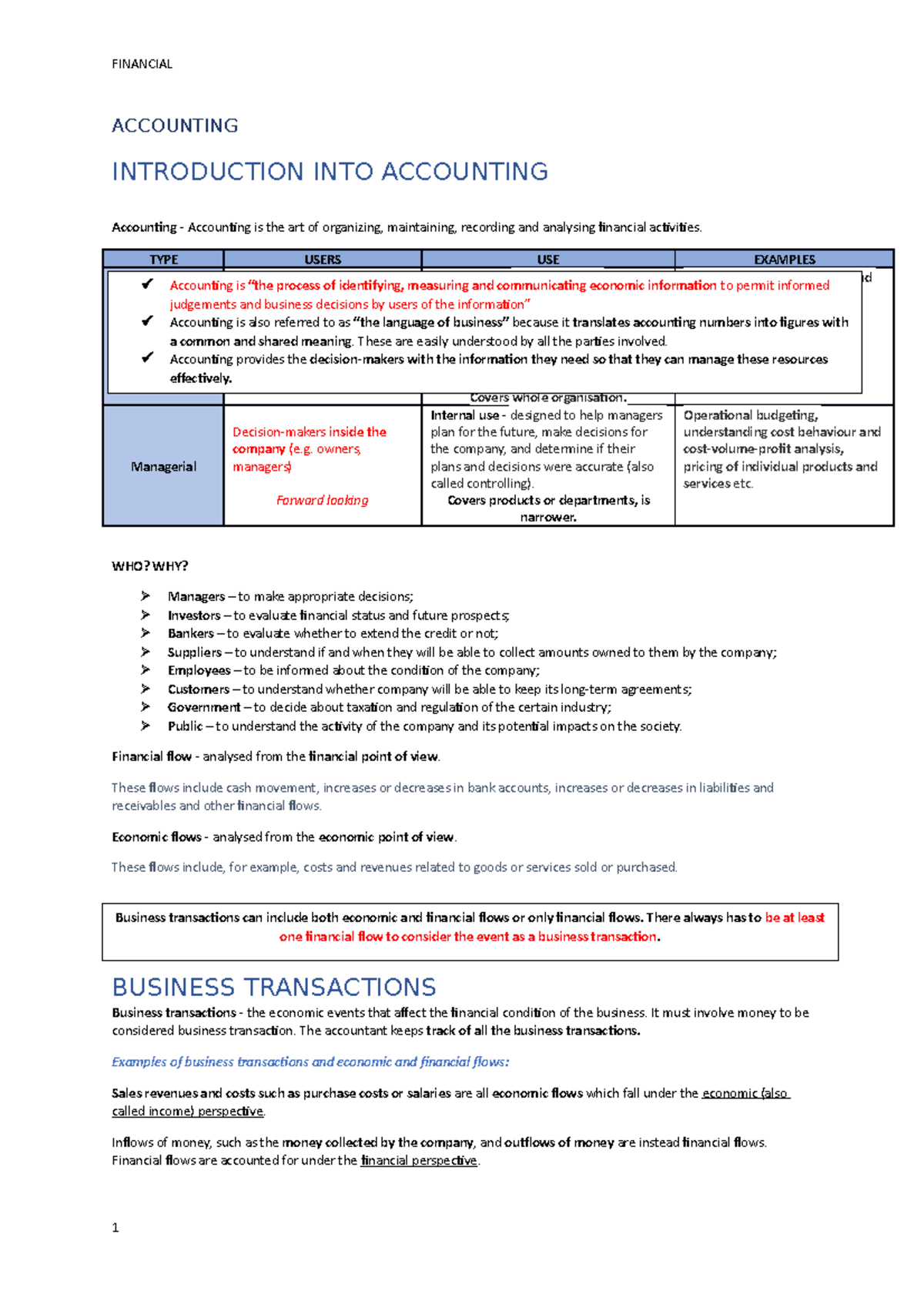 Financial accounting introdcution notes - ACCOUNTING INTRODUCTION INTO ...