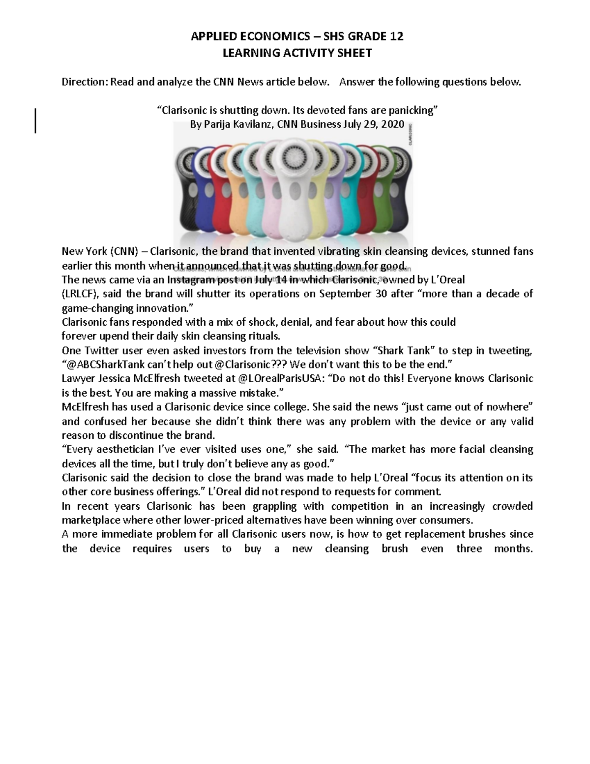 LAS - AE - APPLIED ECONOMICS – SHS GRADE 12 LEARNING ACTIVITY SHEET ...