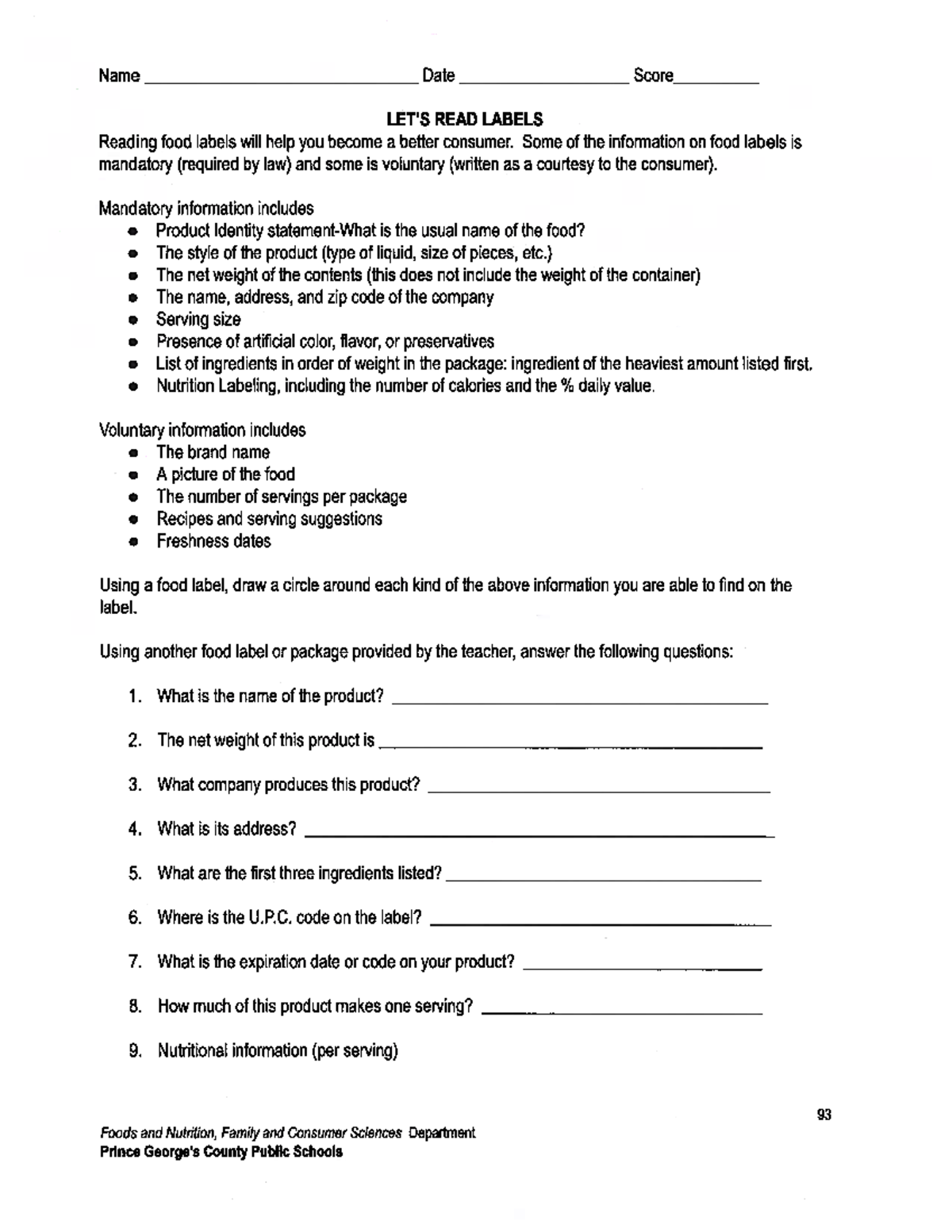 Reading Food Labels - Healthy food vs unhealthy food - Name Date Score ...