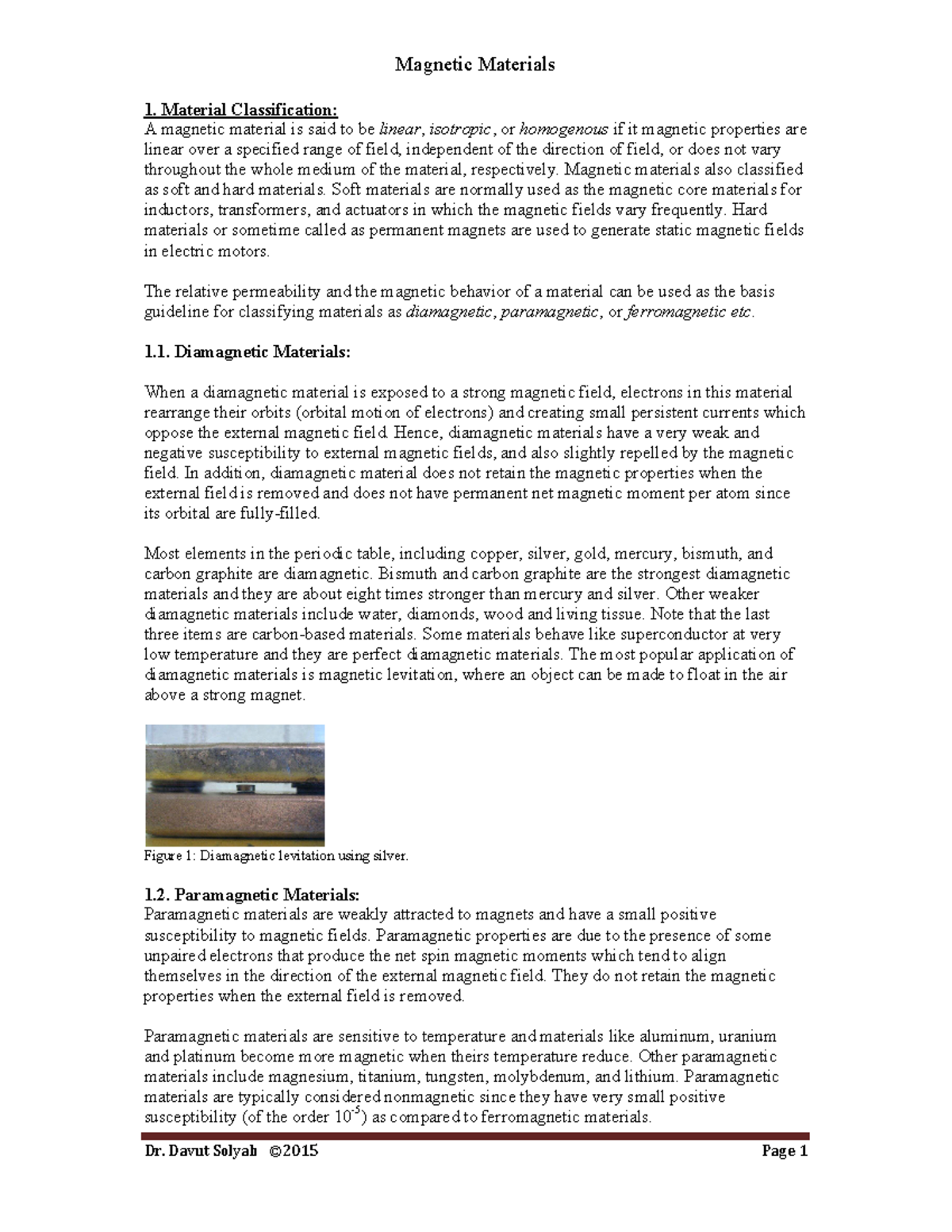 Chapter 1 notes - Magnetic Materials Material Classification: A ...