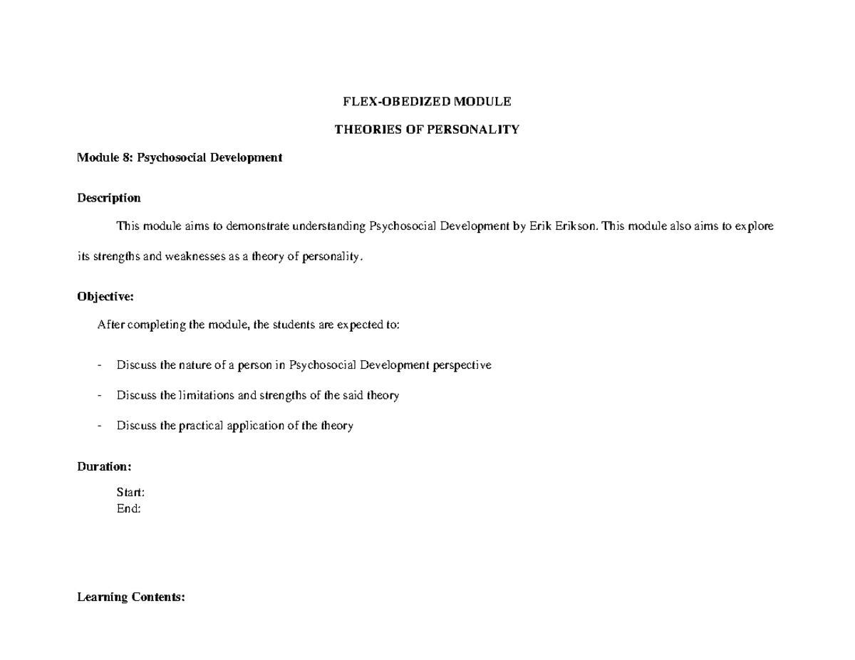 Module 8 - Erikson and Psychosocial Development - FLEX-OBEDIZED MODULE ...