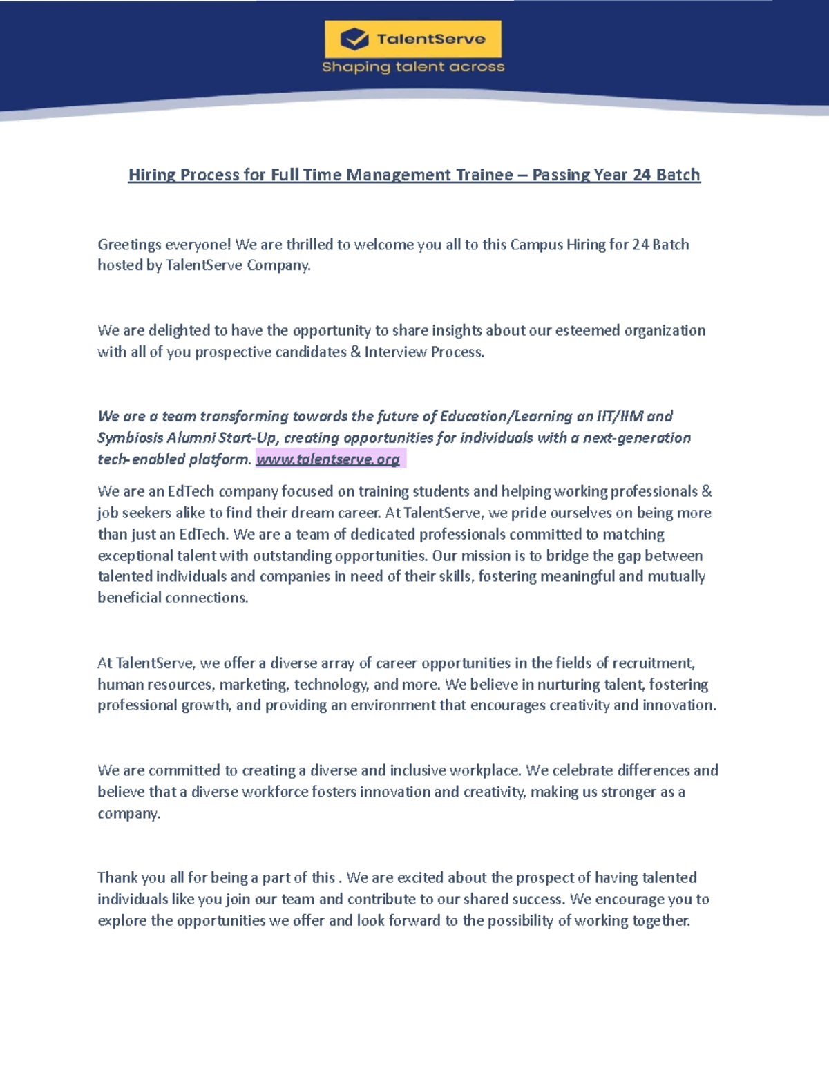 Talent Serve Hiring Process 2024 Batch - Hiring Process for Full Time ...