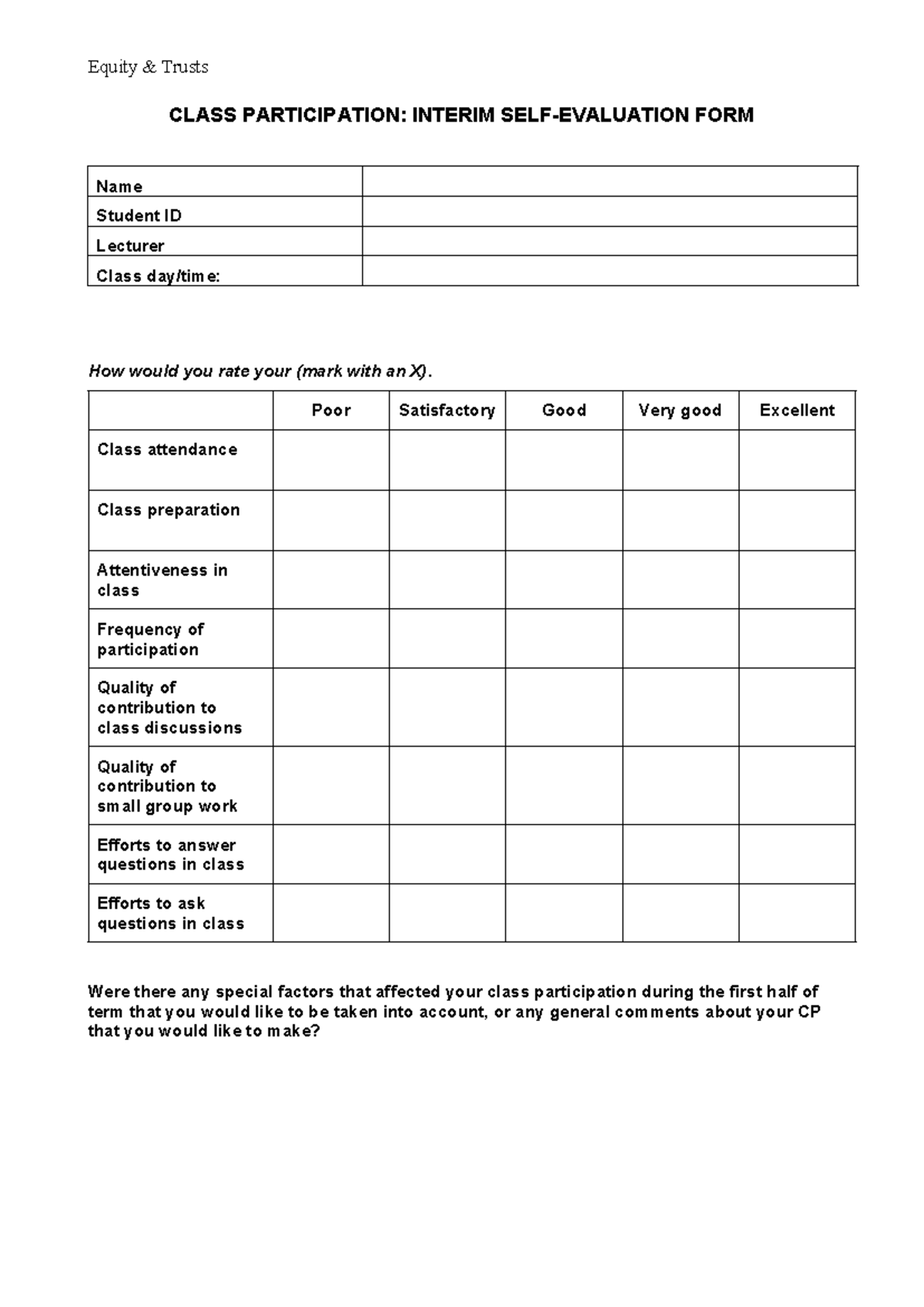 Interim CP Self Evaluation Form - Equity & Trusts CLASS PARTICIPATION ...