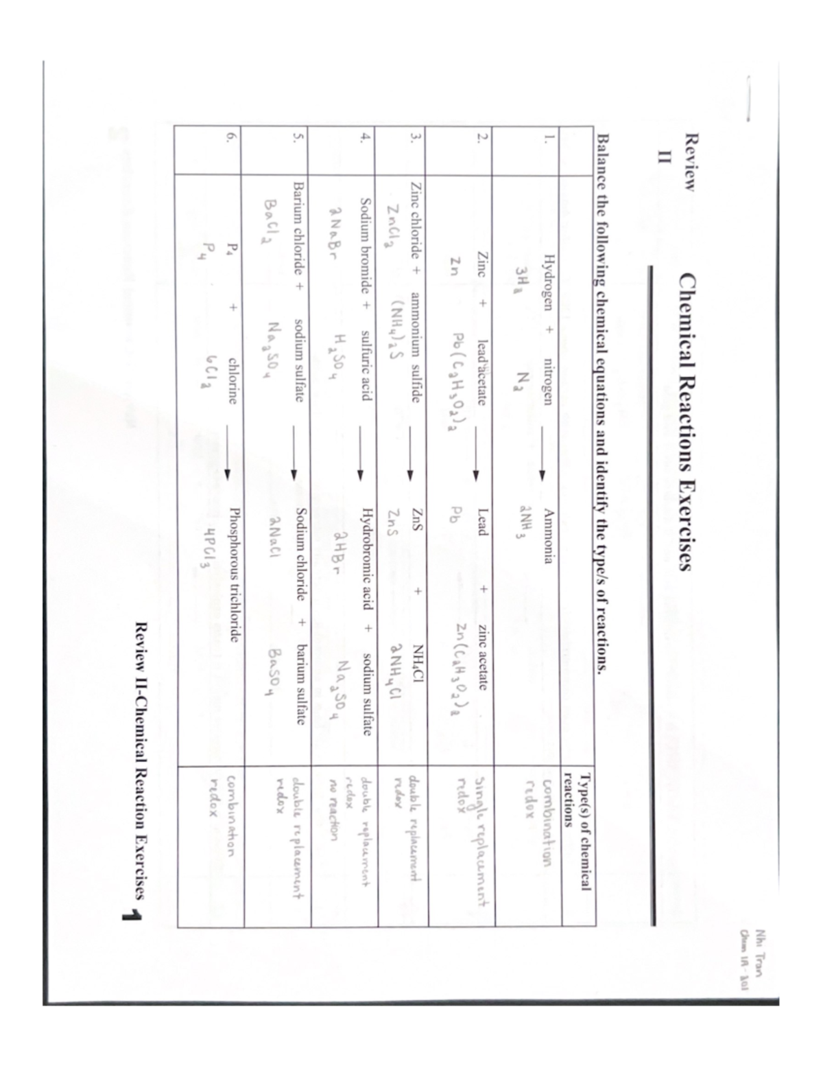 Chem 1A Review II - Chemical Reactions Exercises - CHEM 001A - Studocu