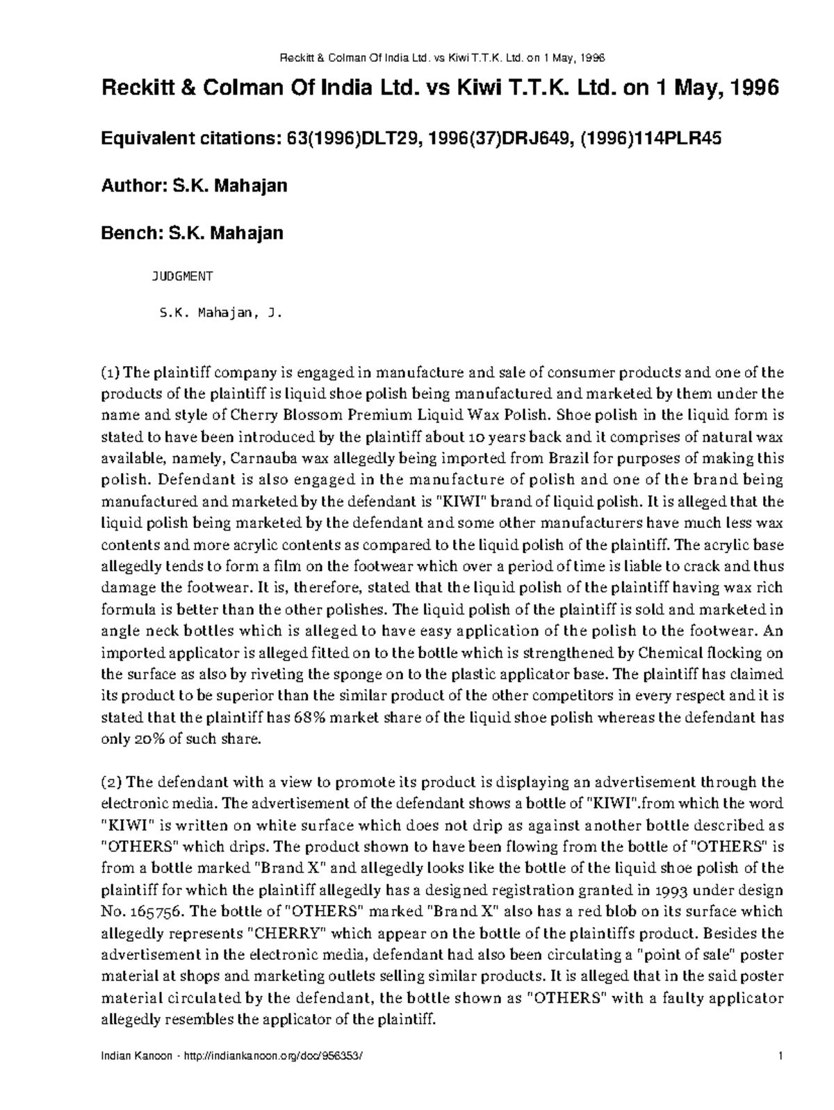 Reckitt Colman Of India Ltd vs Kiwi T T K Ltd on 1 May 1996 - Reckitt ...