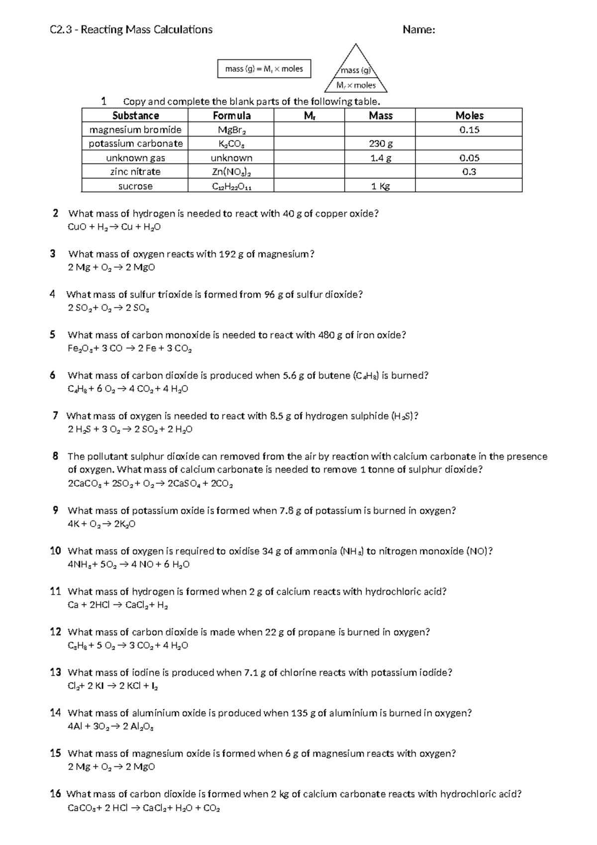 Moles and Reacting Mass Calculations - C2 - Reacting Mass Calculations ...
