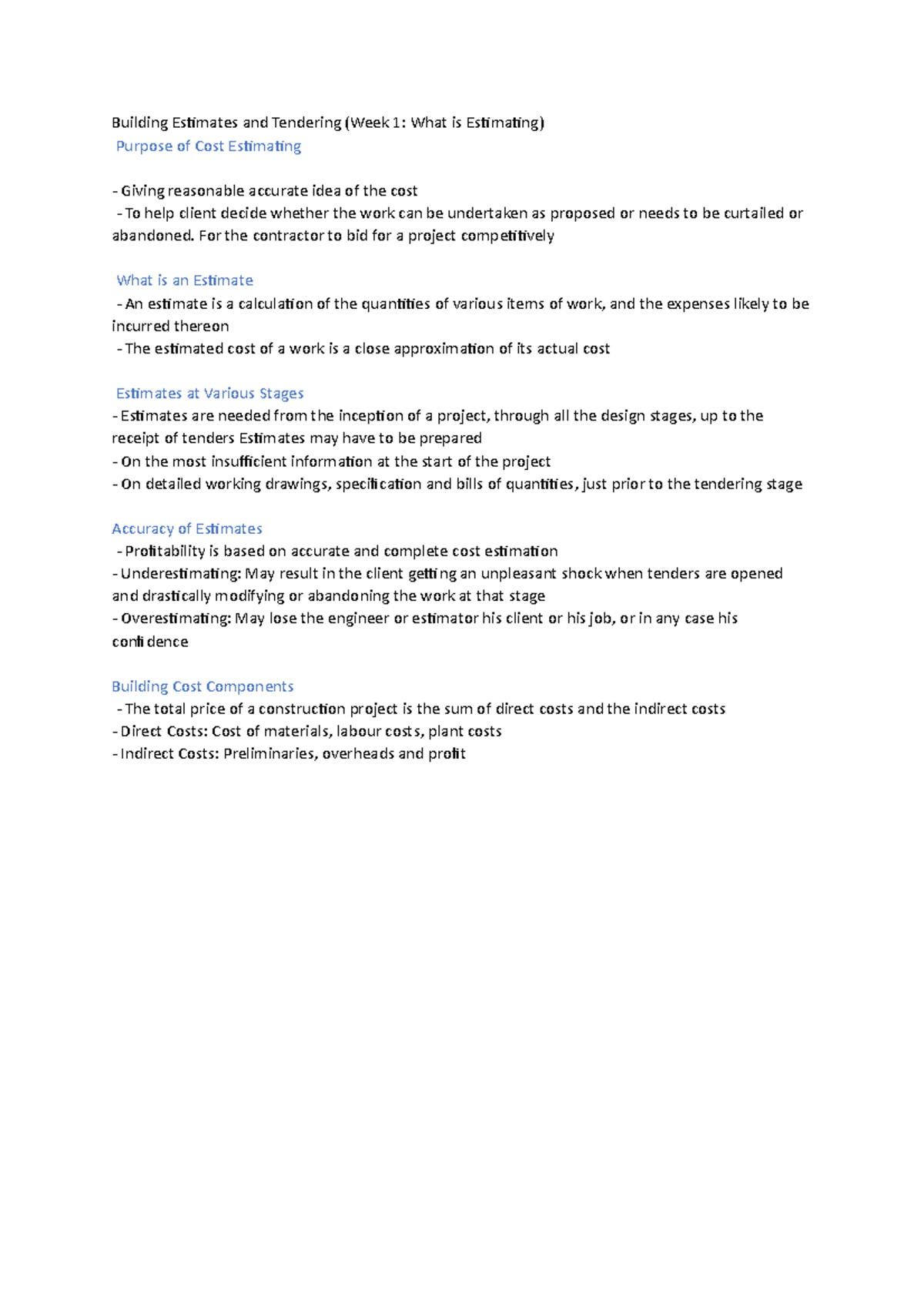 Building Estimates and Tendering week 1 summary - Building Estimates ...