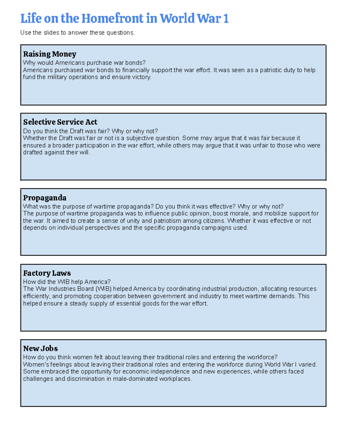 Copy of Life on the Homefront in World War 1 Student - Life on the ...