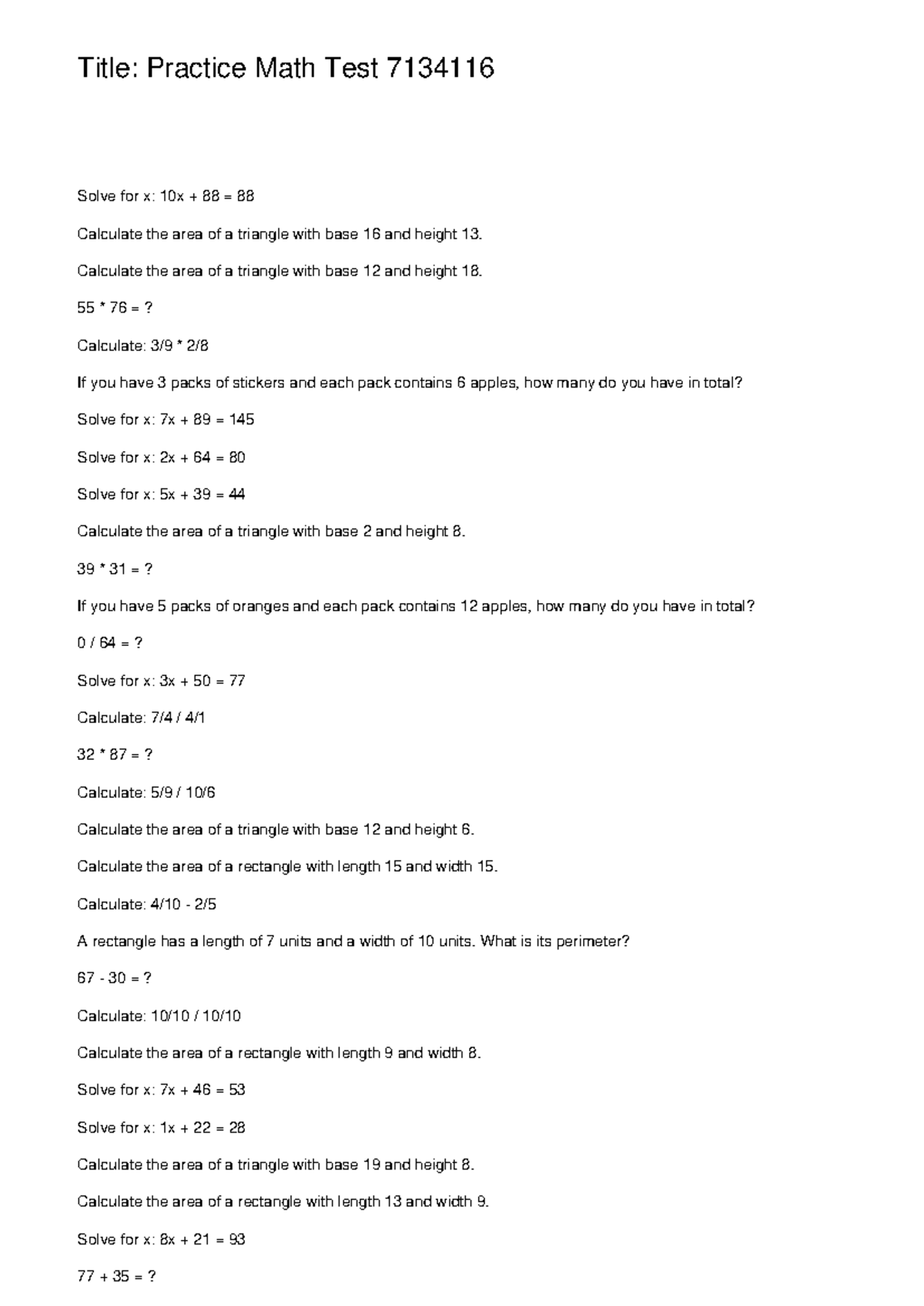 Practice Math Test 7134116 - Title: Practice Math Test 7134116 Solve ...