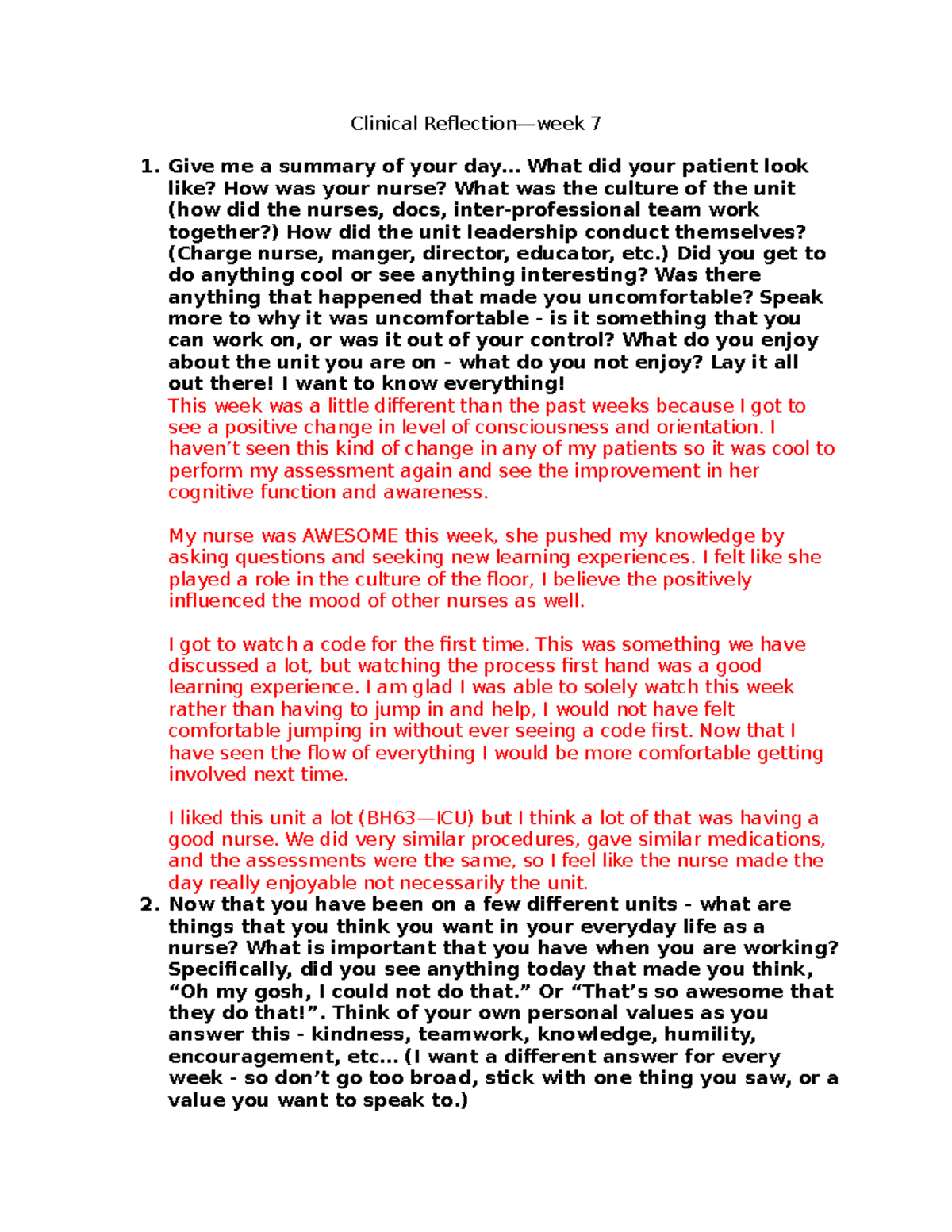 Clinical reflection 3-29 - Clinical Reflection—week 7 1. Give me a ...