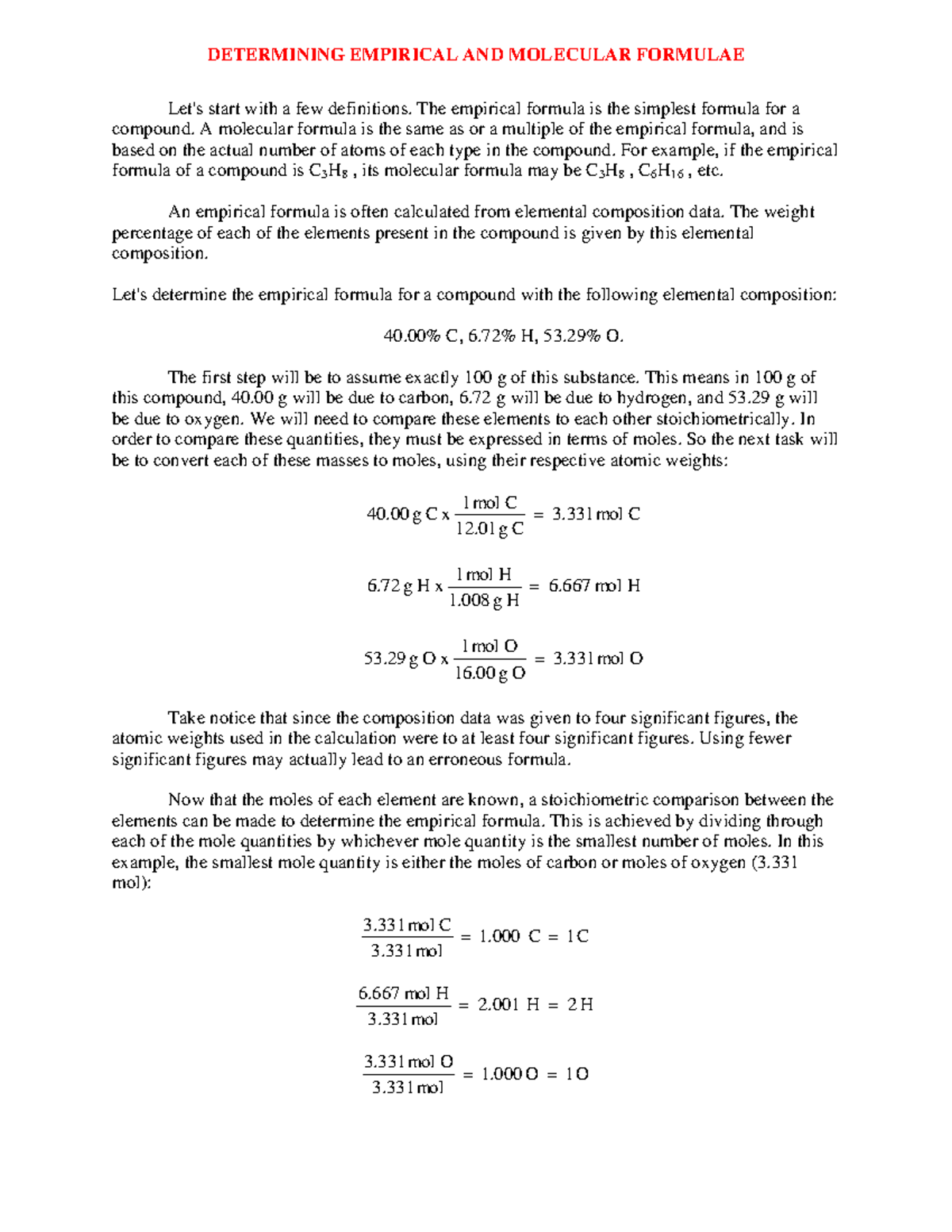 Empirical Formulas - Chimie - DETERMINING EMPIRICAL AND MOLECULAR ...