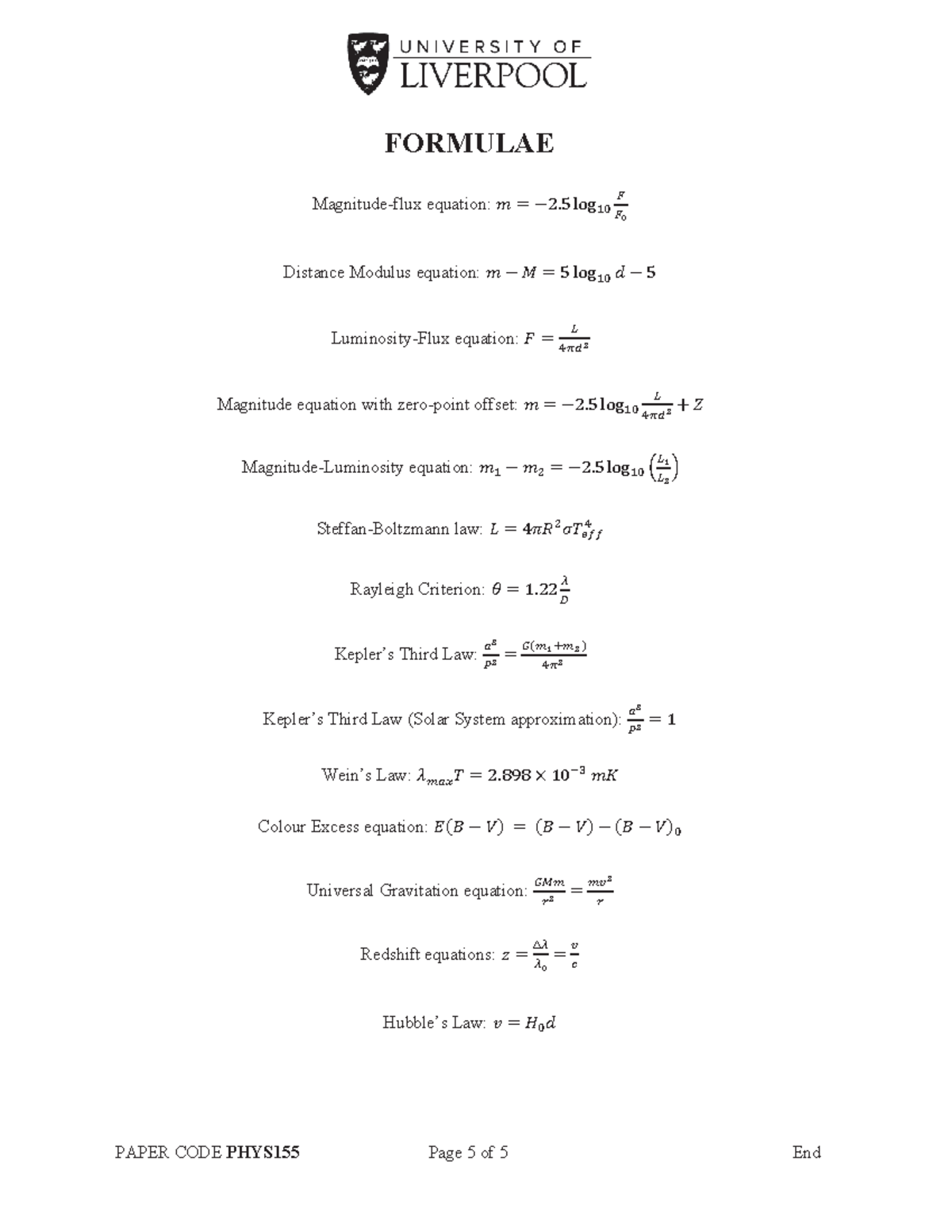 Astrophysics - Formula Sheet - PAPER CODE PHYS155 Page 5 of 5 End ...
