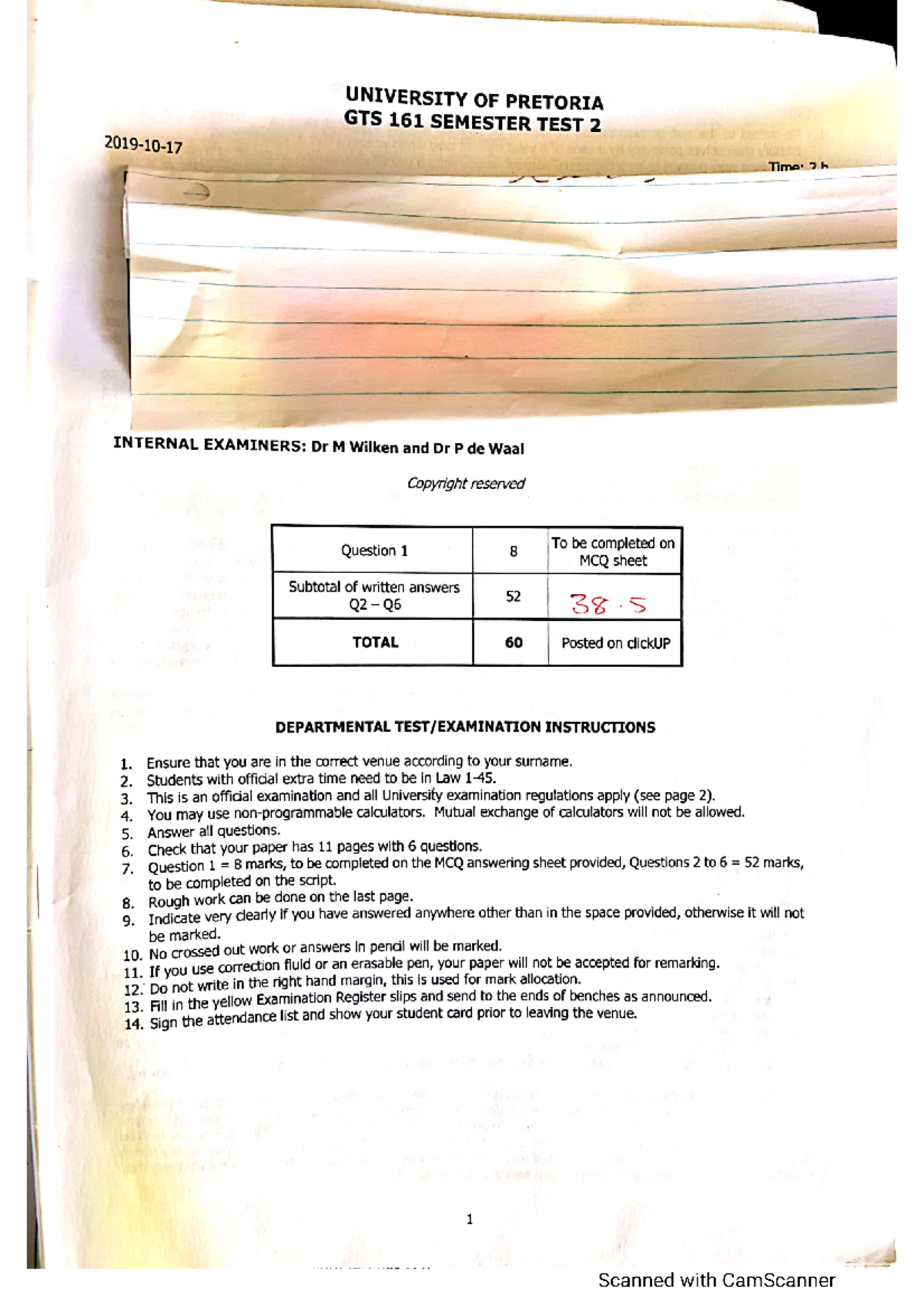 GTS 161 SEM TEST 2 OCT 2019 - GTS 161 - UP - Studocu