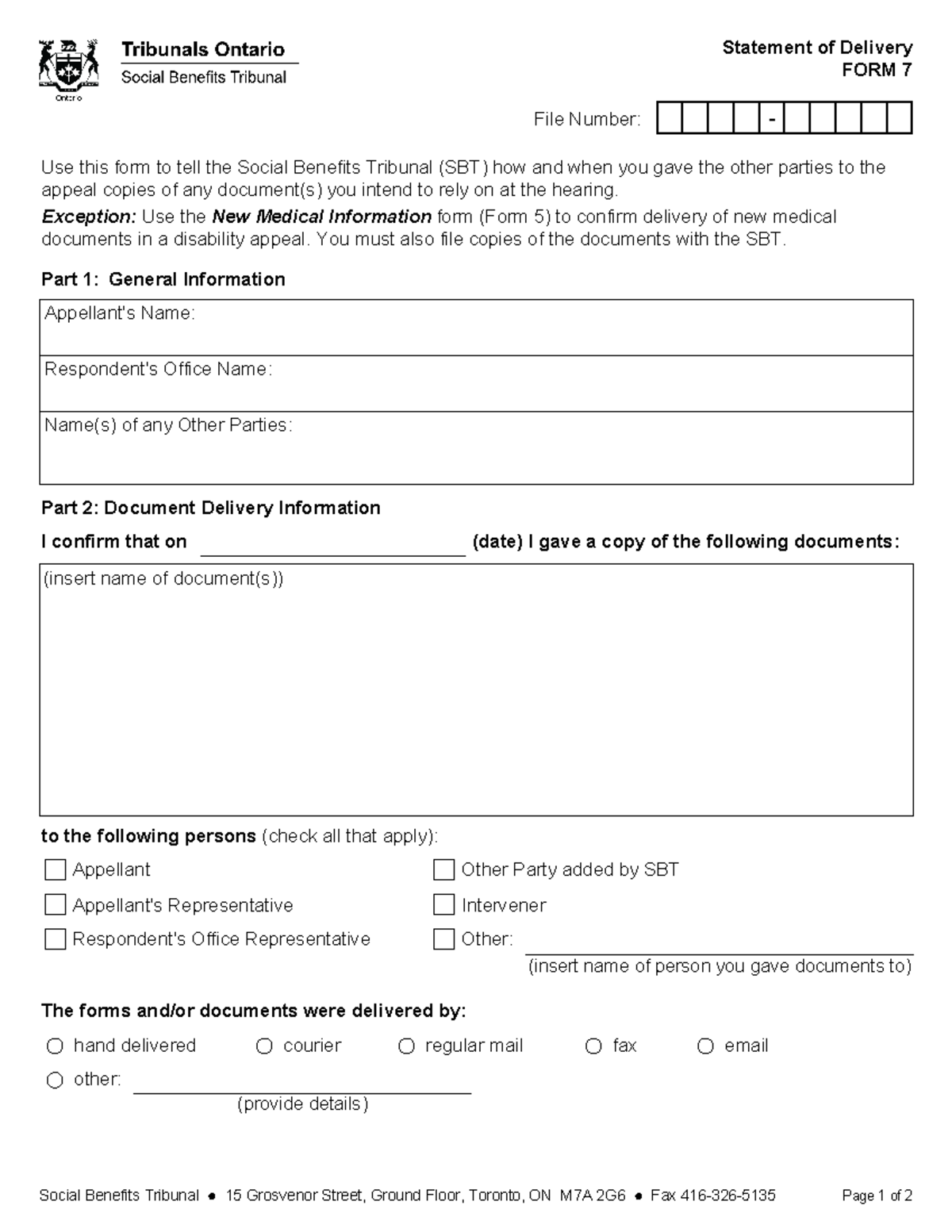 Form 7 Practice - Statement of Delivery FORM 7 File Number: - Use this ...