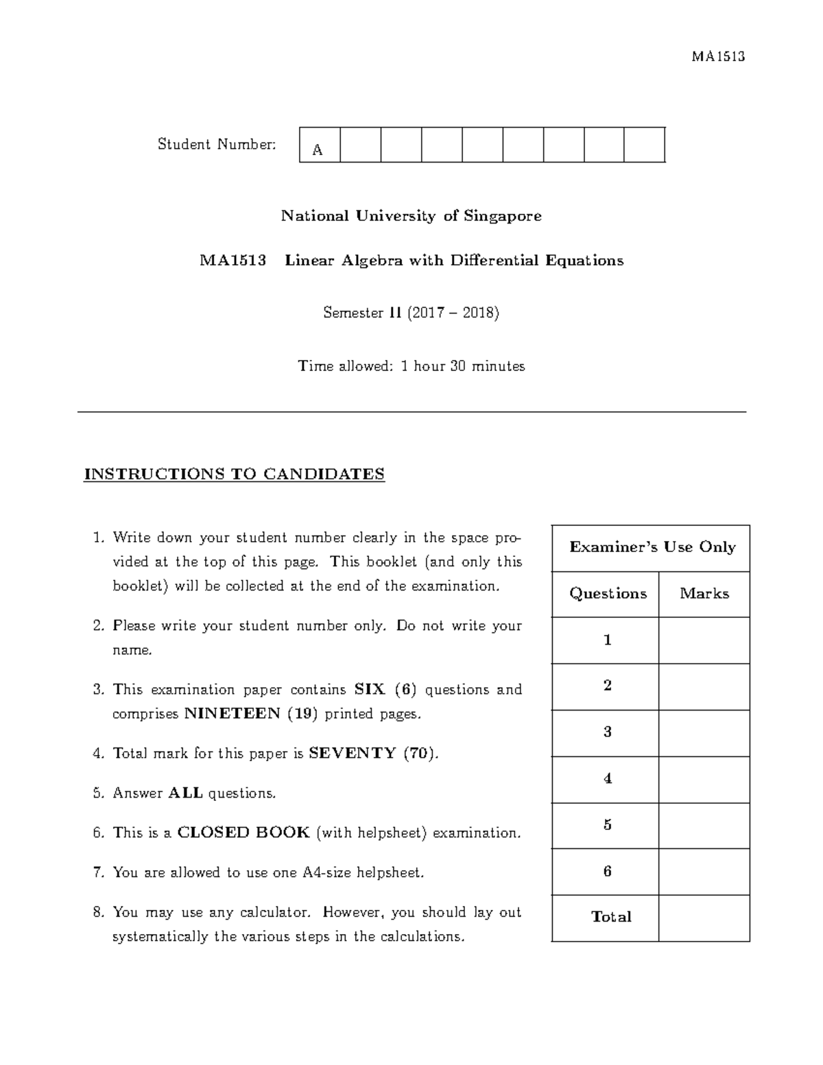1718SEM2-MA1513 - MA Student Number: A National University of Singapore ...