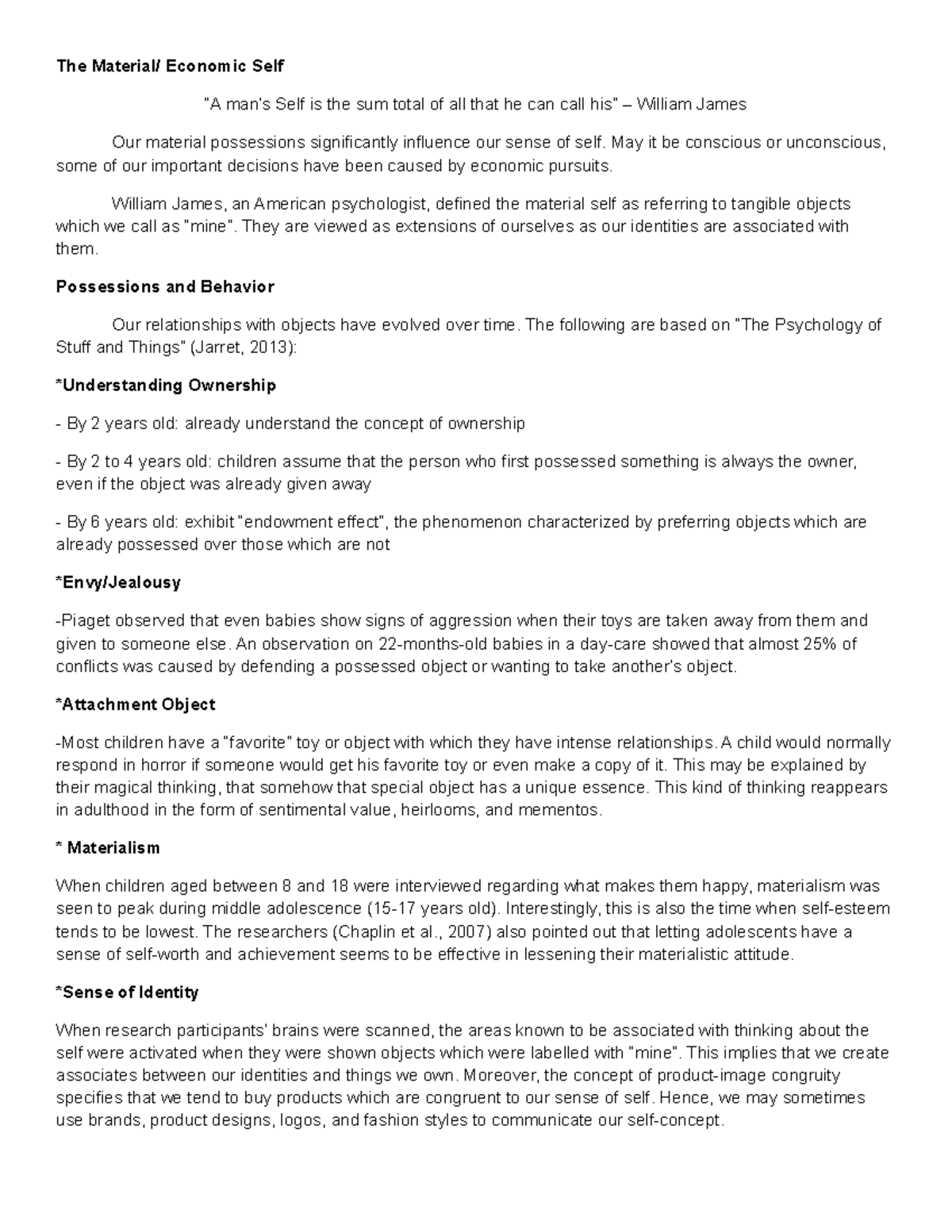 The Material Self - Psychology subject lecture notes - The Material ...