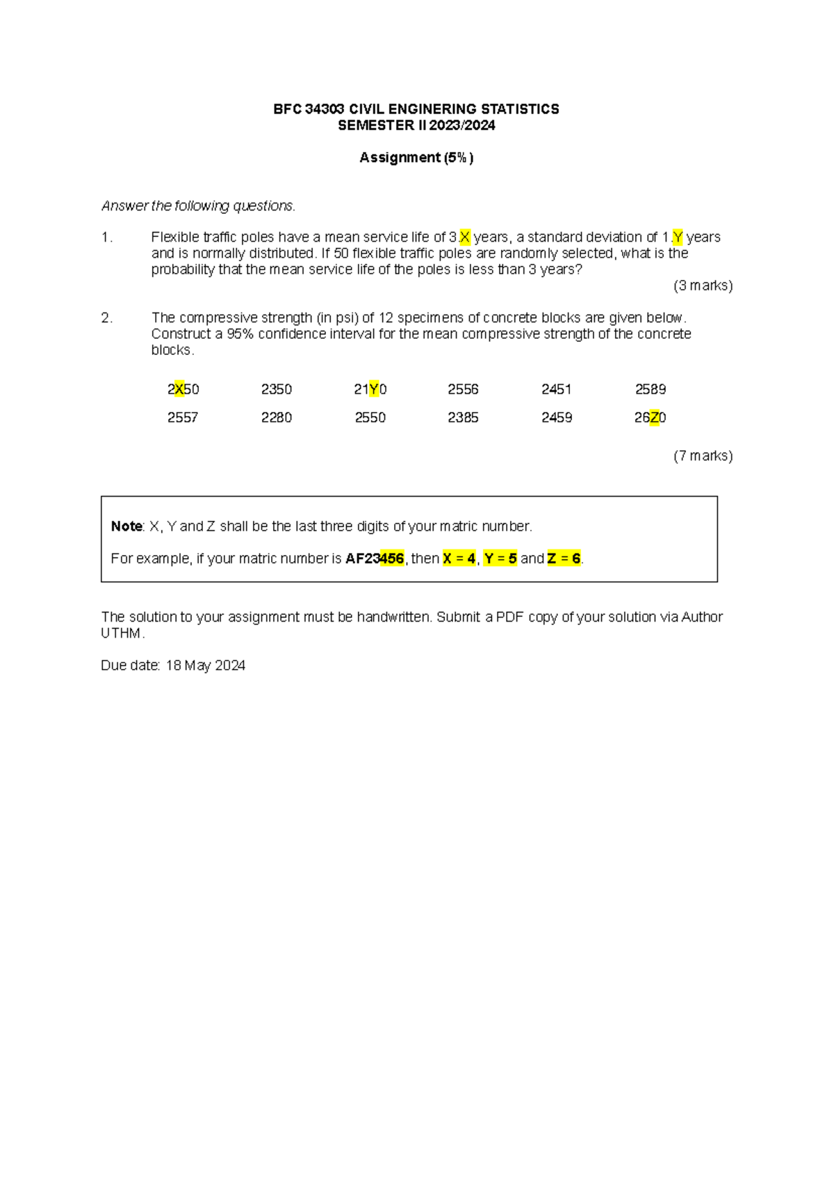 Bfc34303 assignment - BFC 34303 CIVIL ENGINERING STATISTICS SEMESTER II 2023/ Assignment ( 5 % ...