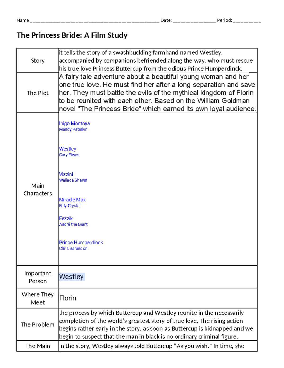 Princess bride film study 2 - Name ...