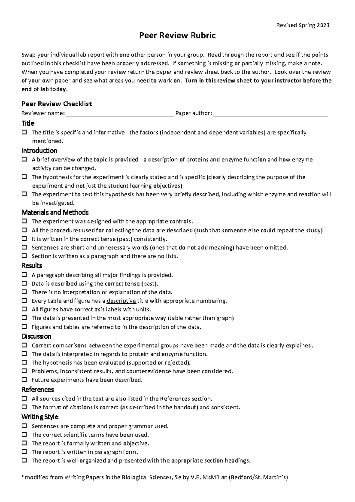 Scientific Writing Peer Review Checklist S23 - Revised Spring 2023 ...