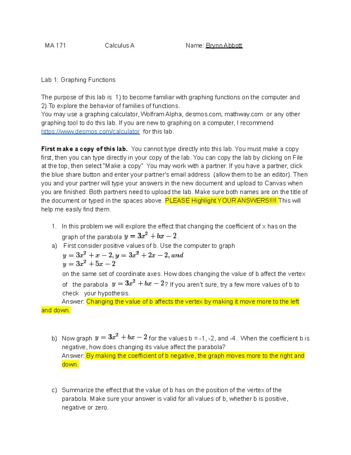 Lab 1 - Graphing Functions - MA 171 Calculus A Name: Brynn Abbott Lab 1 ...