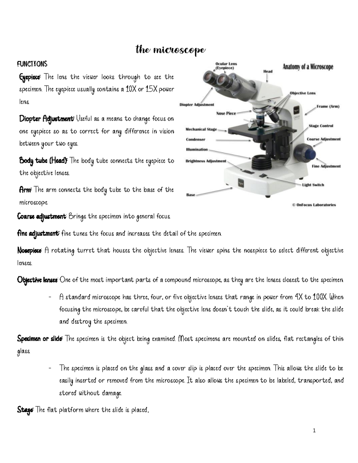 PHMP LAB Reviewer Prelim - The microscope FUNCTIONS Coarse adjustment ...