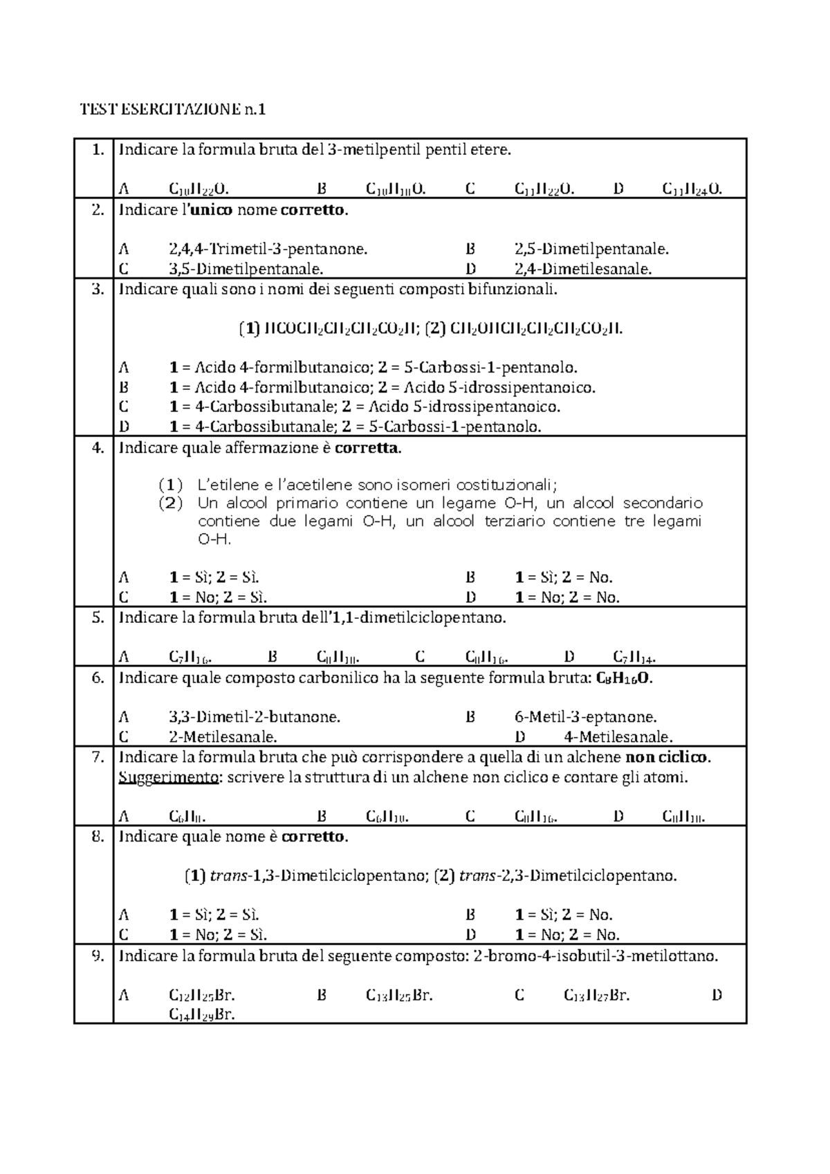 TEST Esercitazione n 1 Nomenclatura - TEST ESERCITAZIONE n Indicare la ...