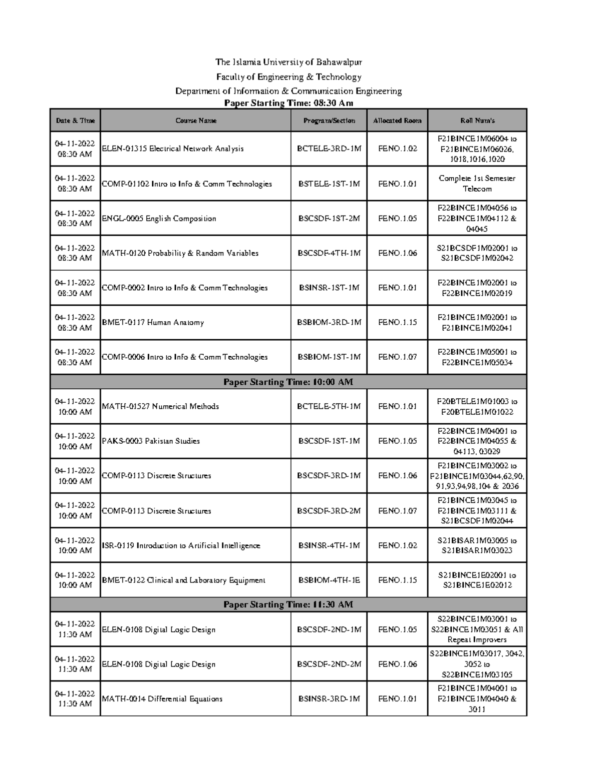 04-11-2022 Friday, All Students Seating Arrangements - Date & Time ...