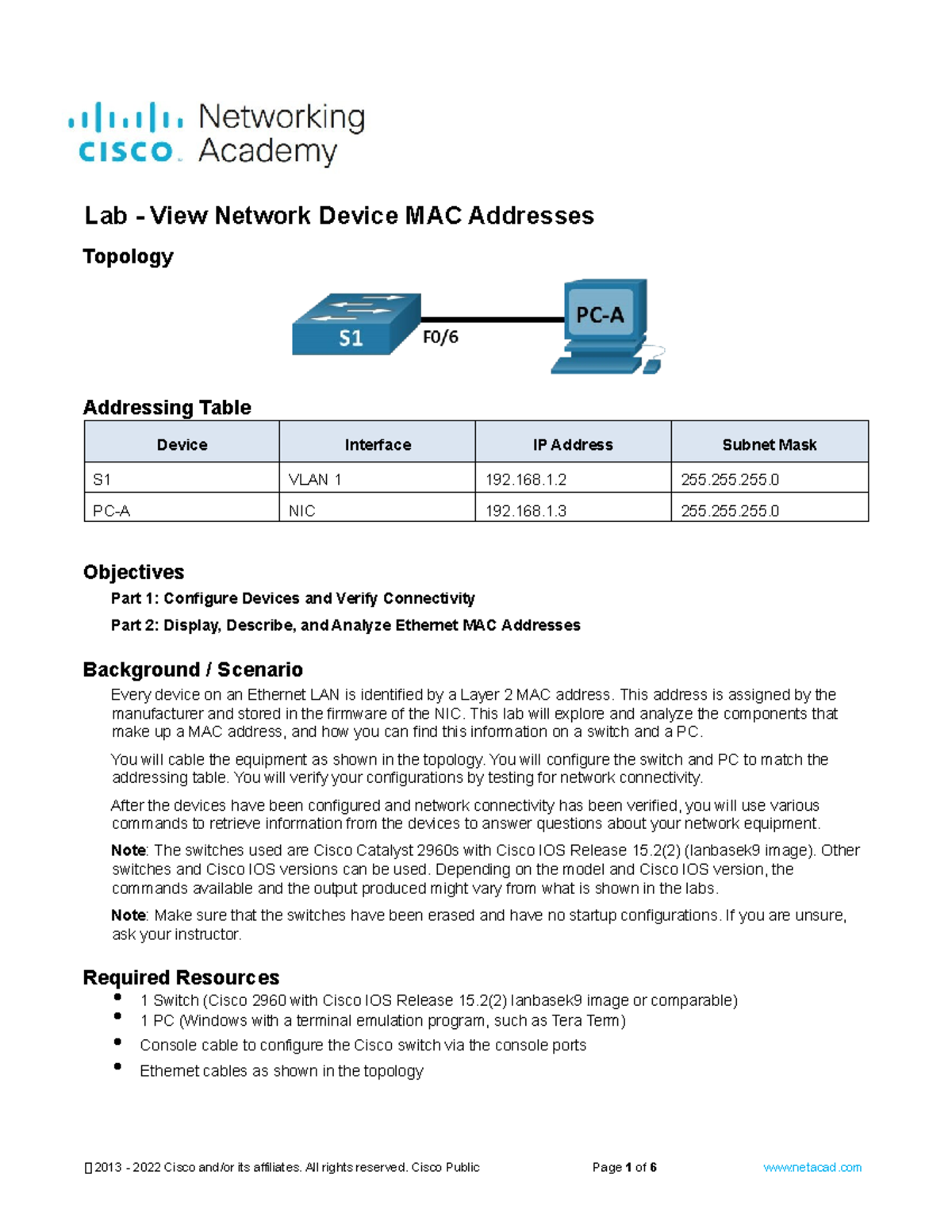 7 - spam - Topology Addressing Table Device Interface IP Address Subnet Mask S1 VLAN 1 192.168.1 ...