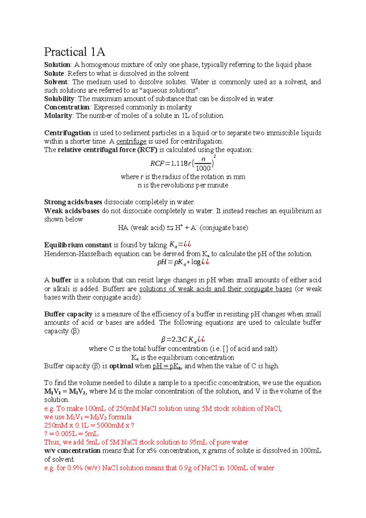 BS1100 Summary Guide - Practical 1A Solution: A homogenous mixture of ...