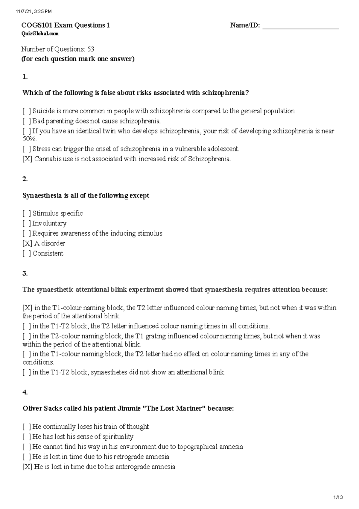 COGS Multiple Choice Questions w Answers - COGS101 - MQ - Studocu