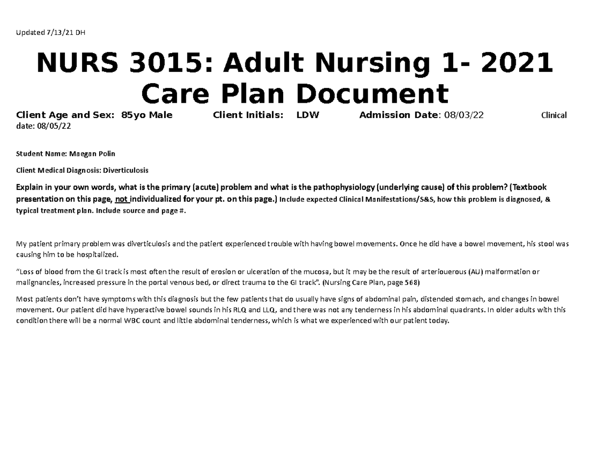 NCP 1 Correction - Care Plan - NURS 3015: Adult Nursing 1- 2021 Care ...