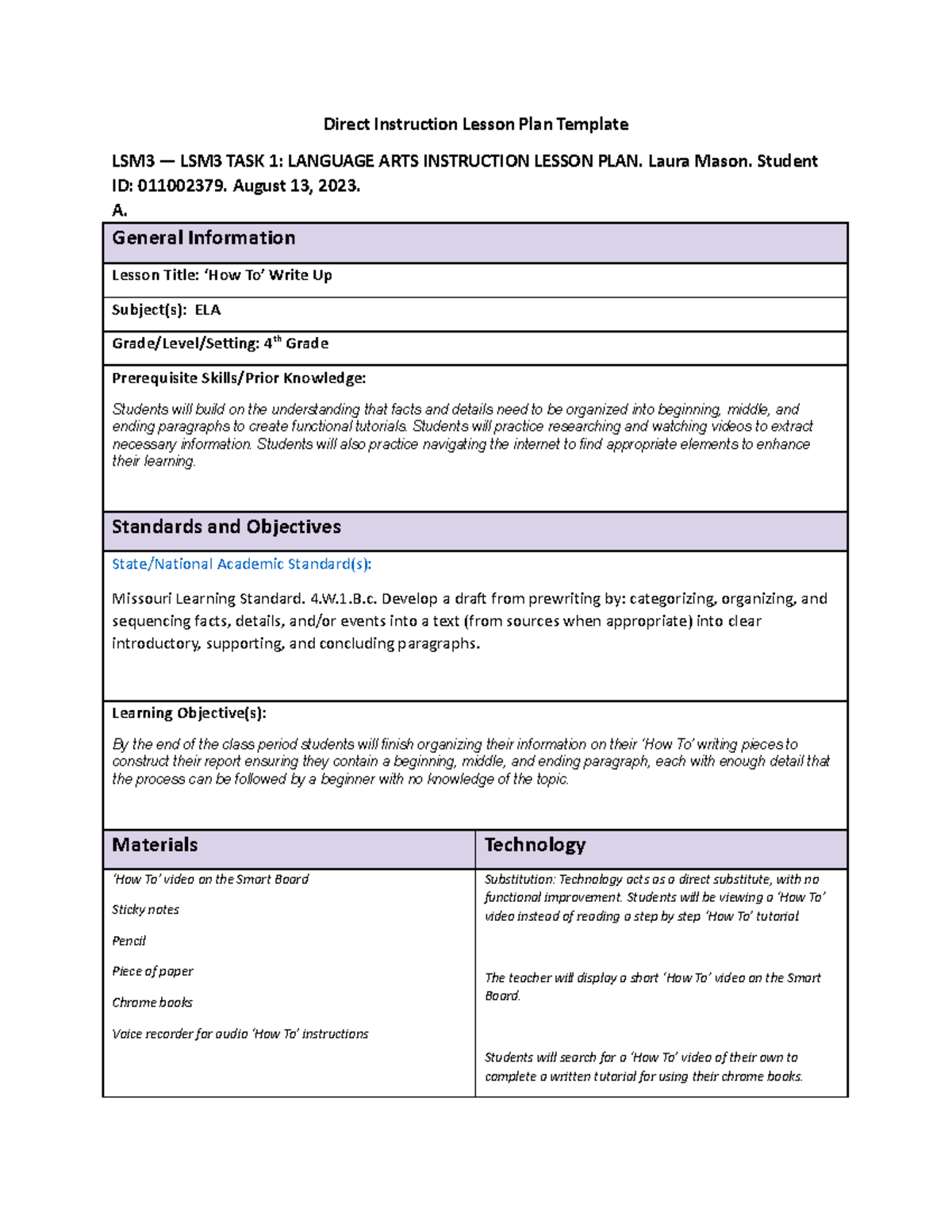 C365 - Lesson plan for Elem ELA - Direct Instruction Lesson Plan Template LSM3 — LSM3 TASK 1 ...