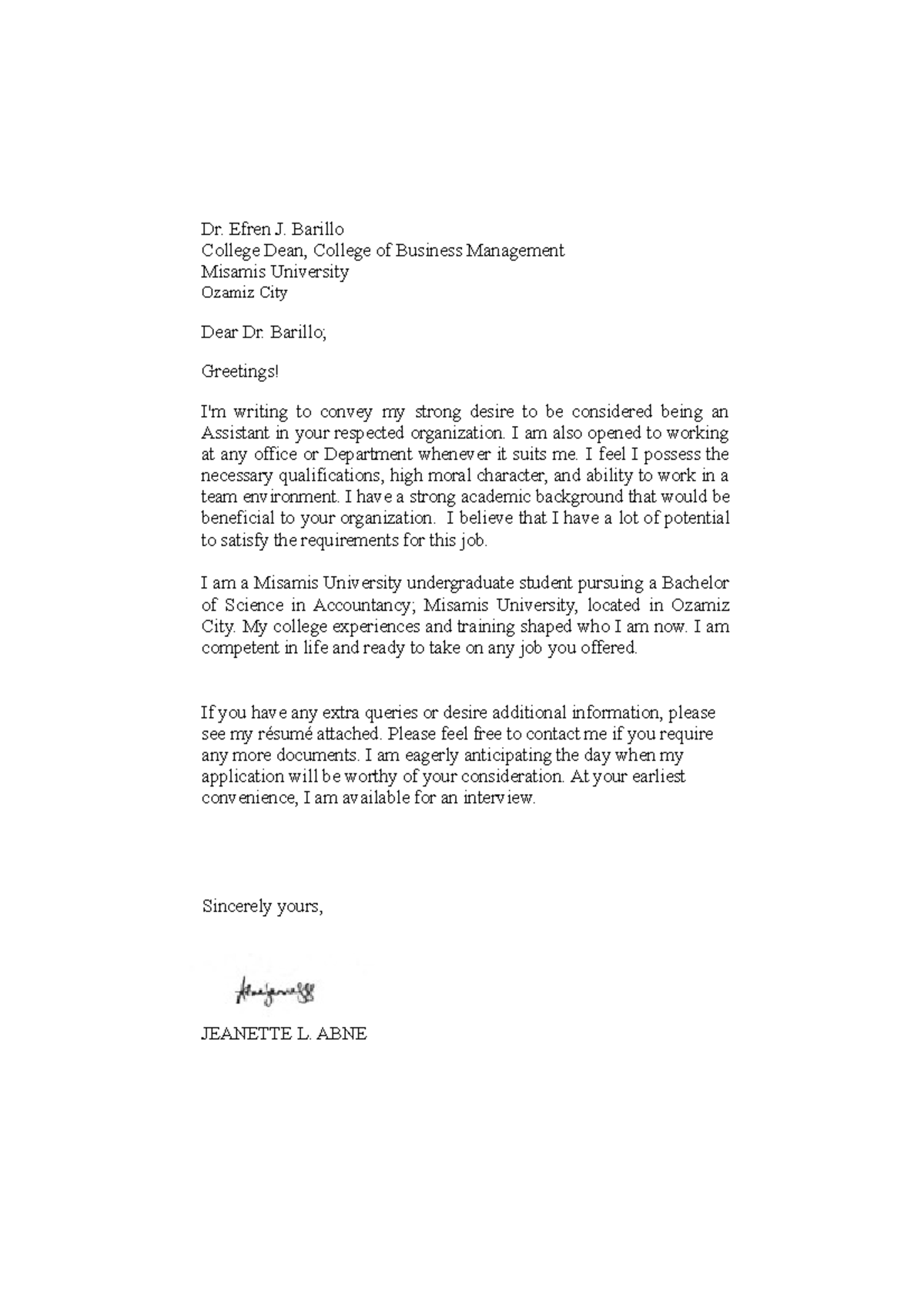 ABNE Resume & Application Letter - Dr. Efren J. Barillo College Dean ...