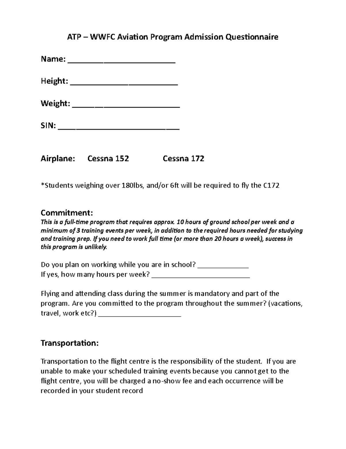 ATP Questionnaire - ammmazsxcvbnm,.cvbnm - ATP – WWFC Aviation Program ...