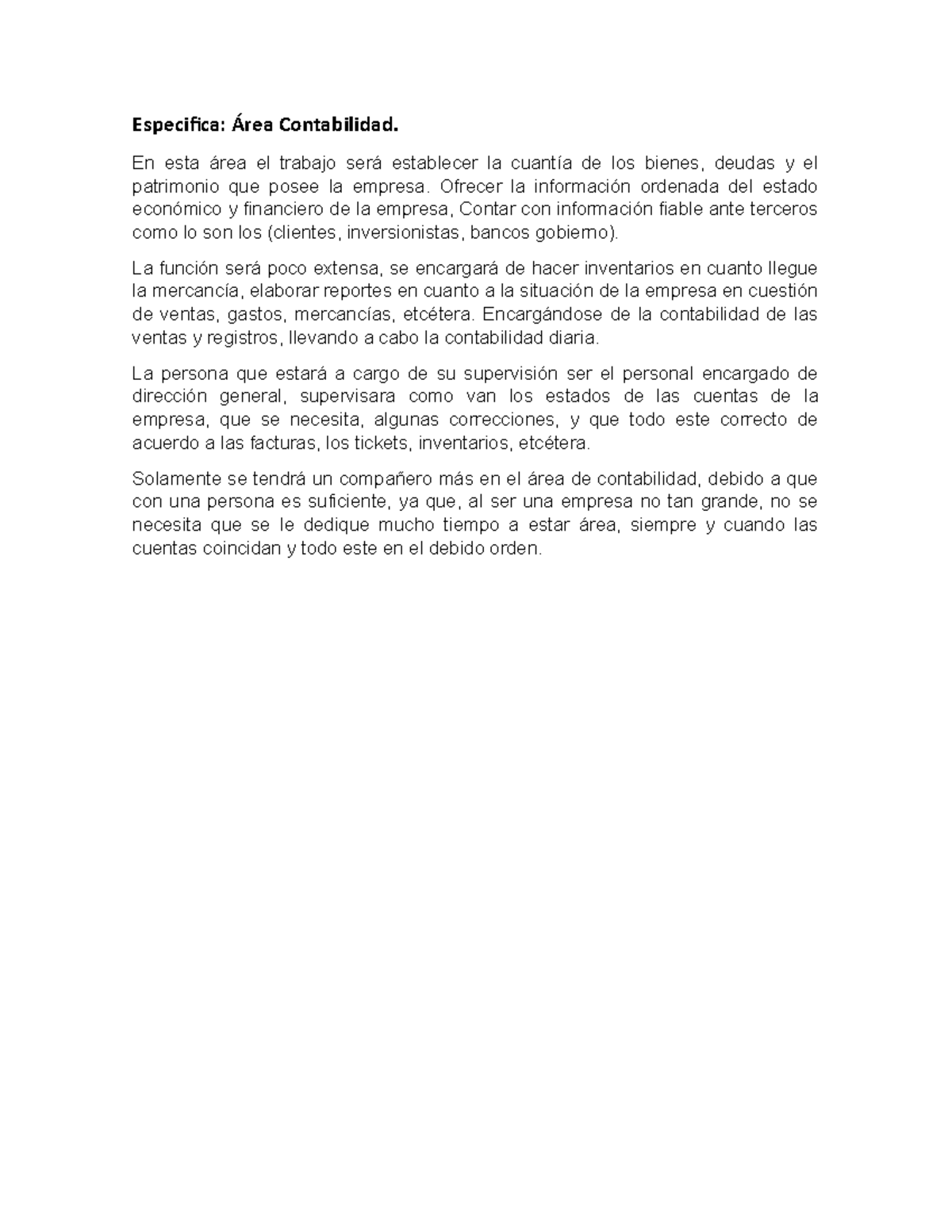 Área Especifica - Especifica: Área Contabilidad. En esta área el ...