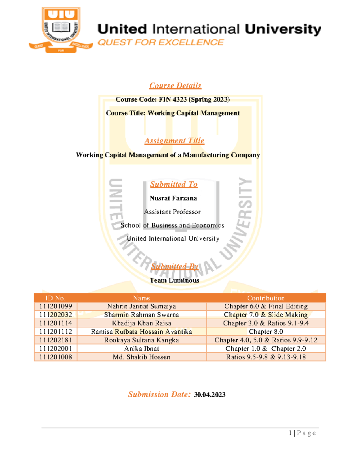 Team Luminous PDF File - Final report on working capital management - Course Details Course Code ...