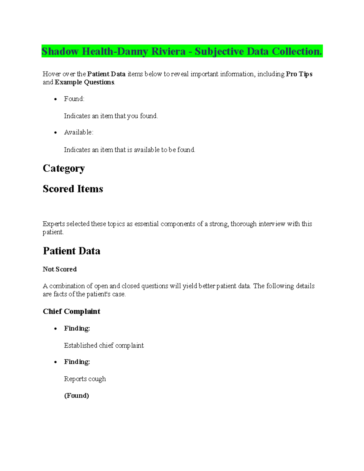 Danny Riviera Subjective Data Collection - Shadow Health-Danny Riviera ...