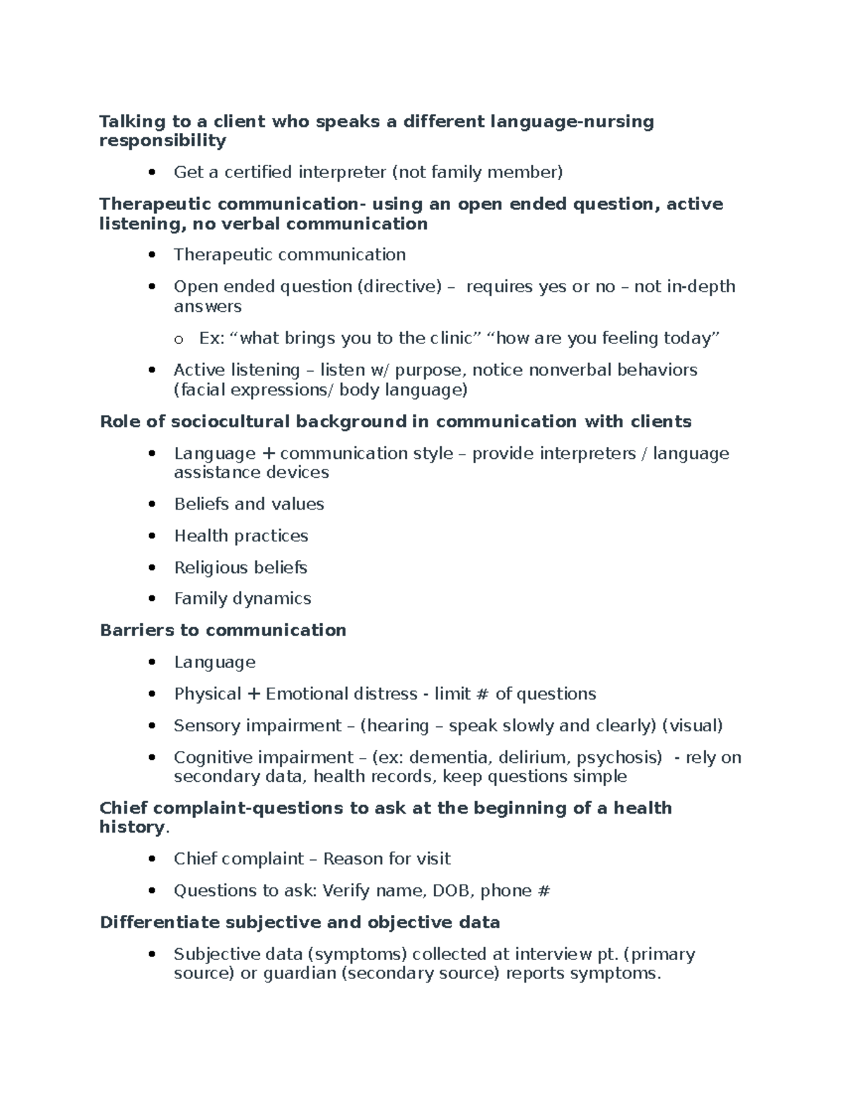 Health Assessment Quiz 1 study guide - Talking to a client who speaks a ...